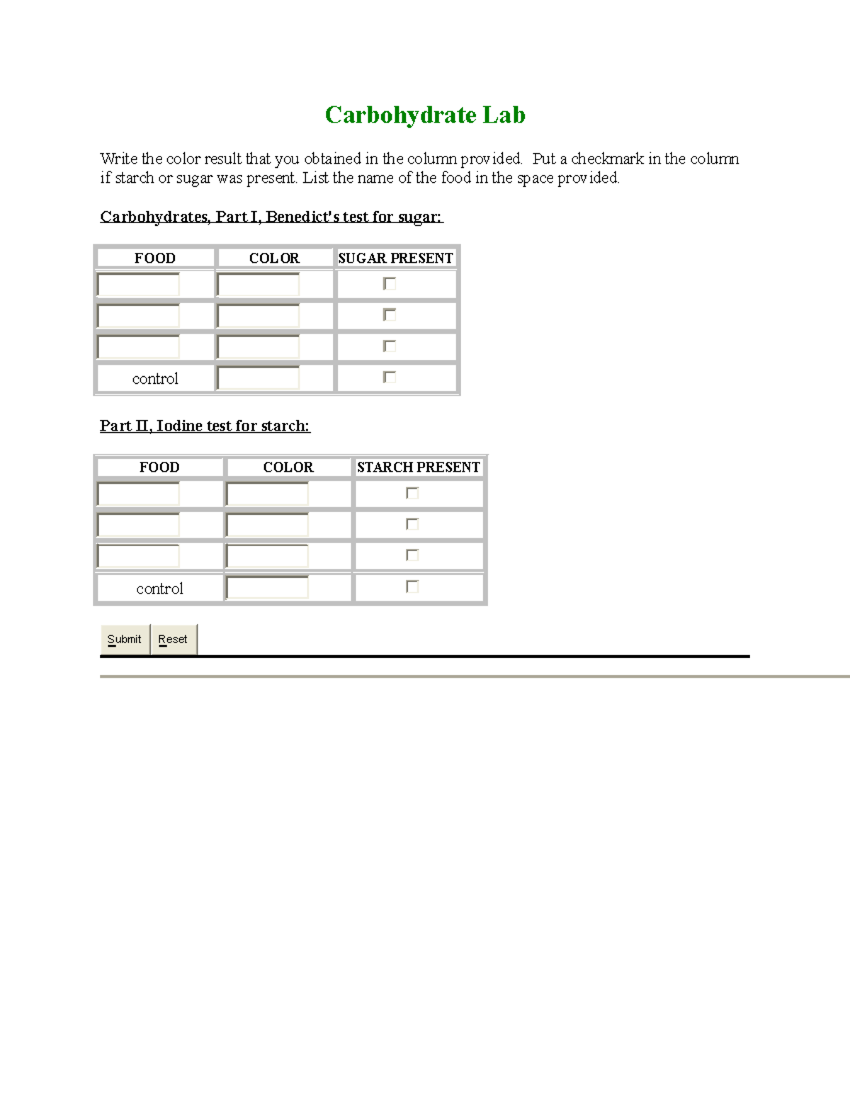 A P Carbohydrate Sugar Starch Lab - Carbohydrate Lab Write the color ...