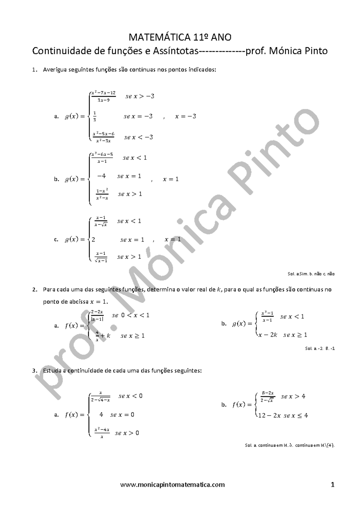 Ficha Continuidade-Assíntotas - MATEMÁTICA 11º ANO Continuidade de ...