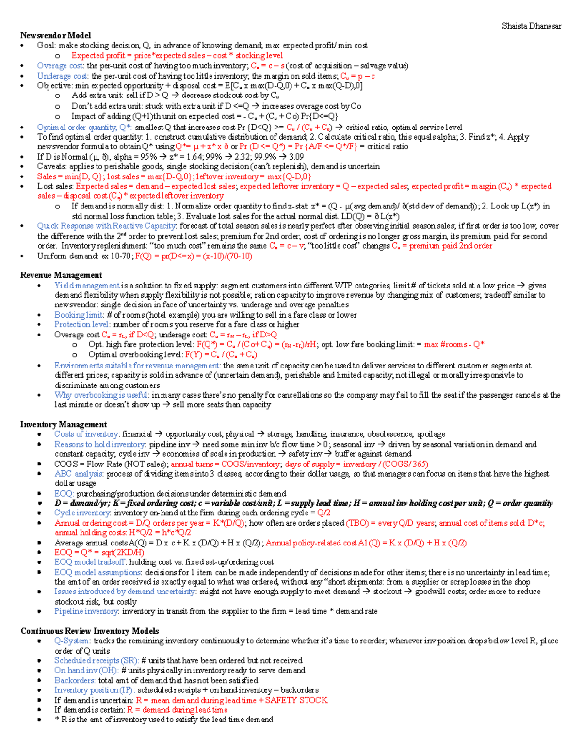 Final Cheat Sheet - Summary Operations Management - Shaista Dhanesar ...