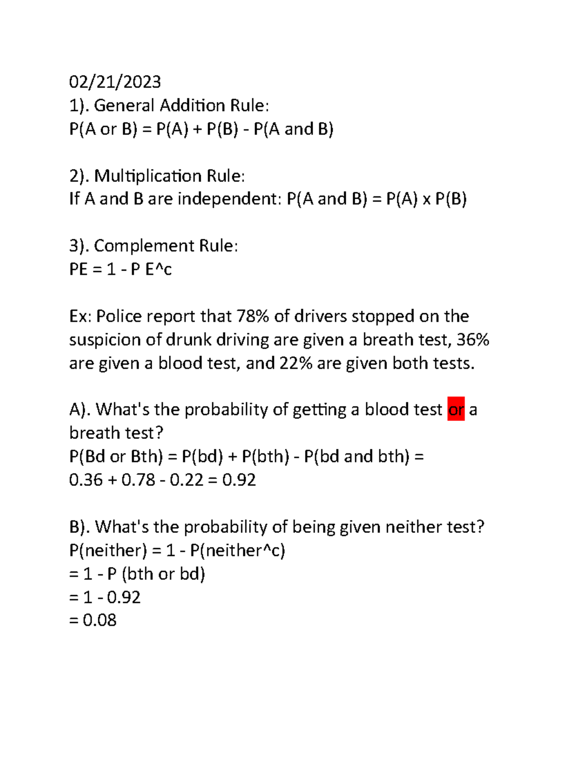 Proabability Rules pt.2 (02212023) - 02/21/ 1). General Addition Rule: P(A or B) = P(A) + P(B ...