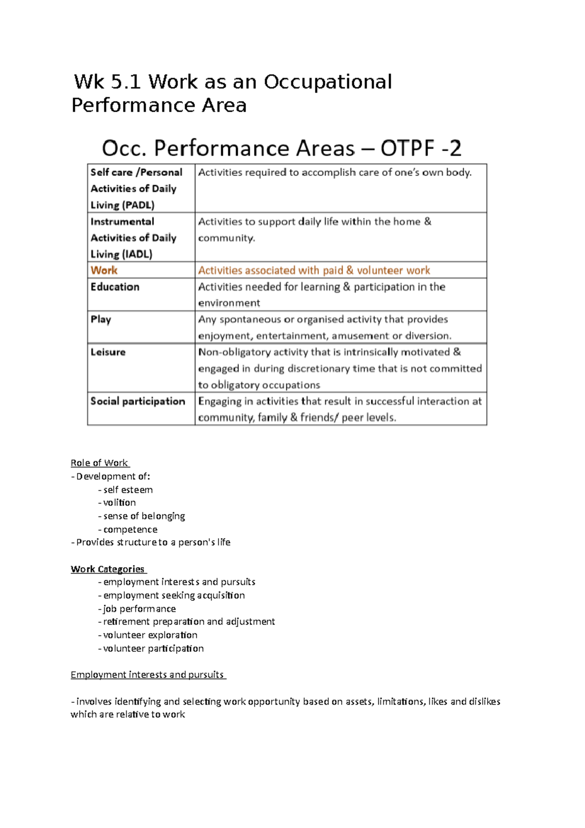 Wk 5.1 Work as an Occupational Performance Area - how have you done ...