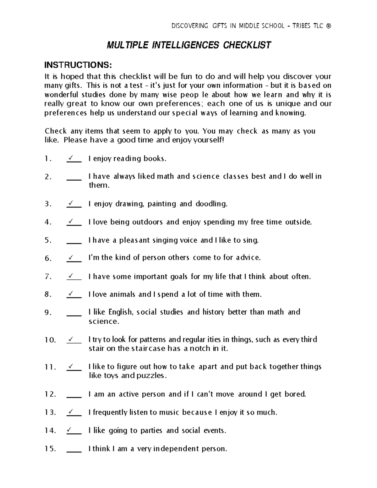 Multiple Intelligent Choices - MULTIPLE INTELLIGENCES CHECKLIST INSTRUCTIONS: It is hoped that ...