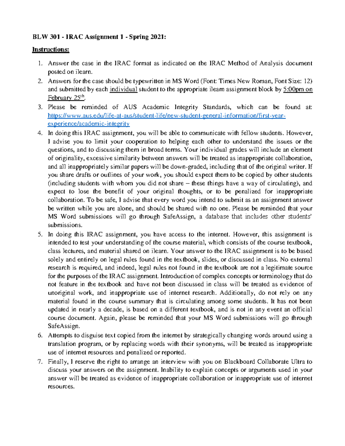 BLW 301 IRAC Assignment 1 - BLW 301 - IRAC Assignment 1 - Spring 2021: Instructions: Answer the ...