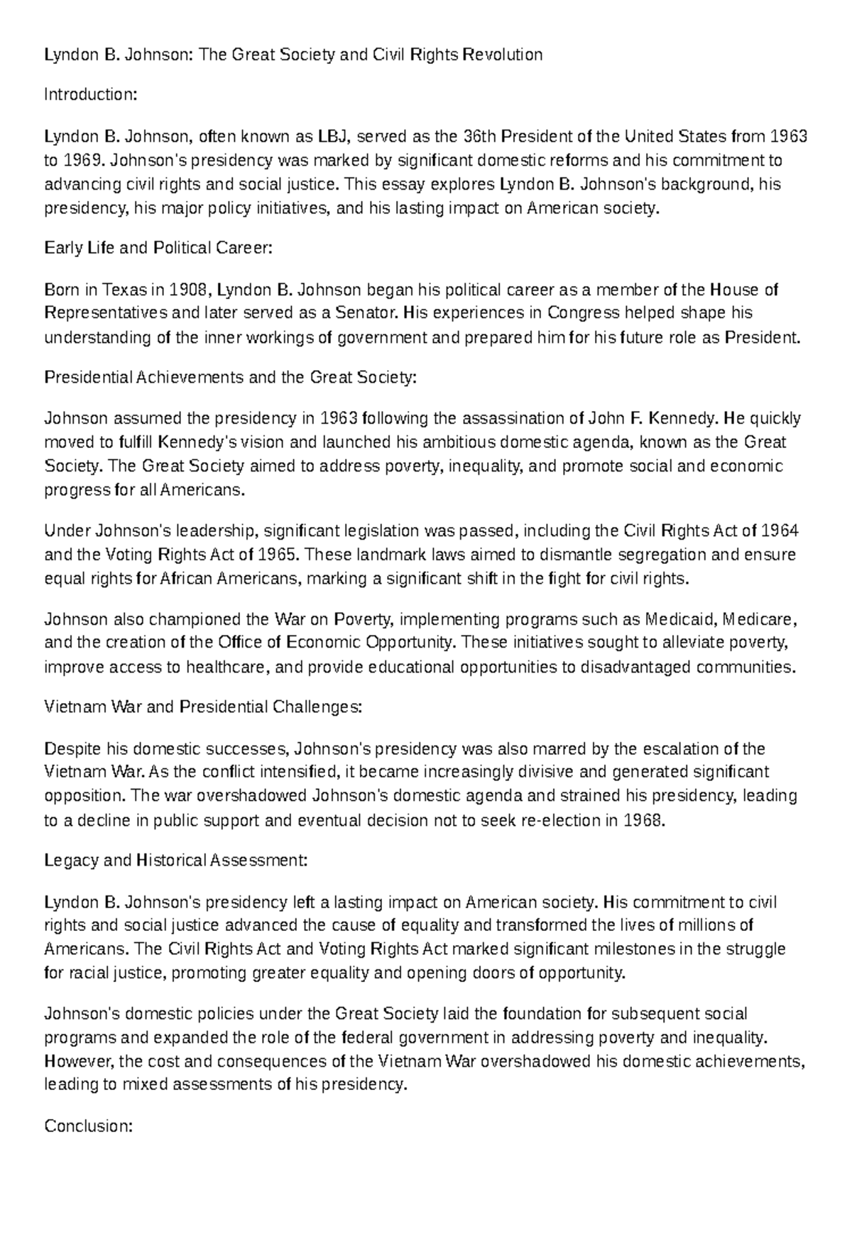 Lyndon B. Johnson The Great Society and Civil Rights Revolution ...