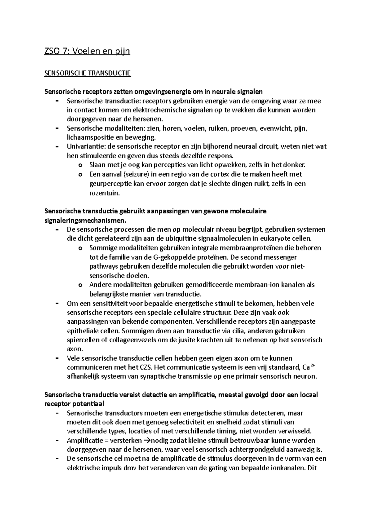 Samenvatting-theorie-ZSO7 - ZSO 7: Voelen en pijn SENSORISCHE ...