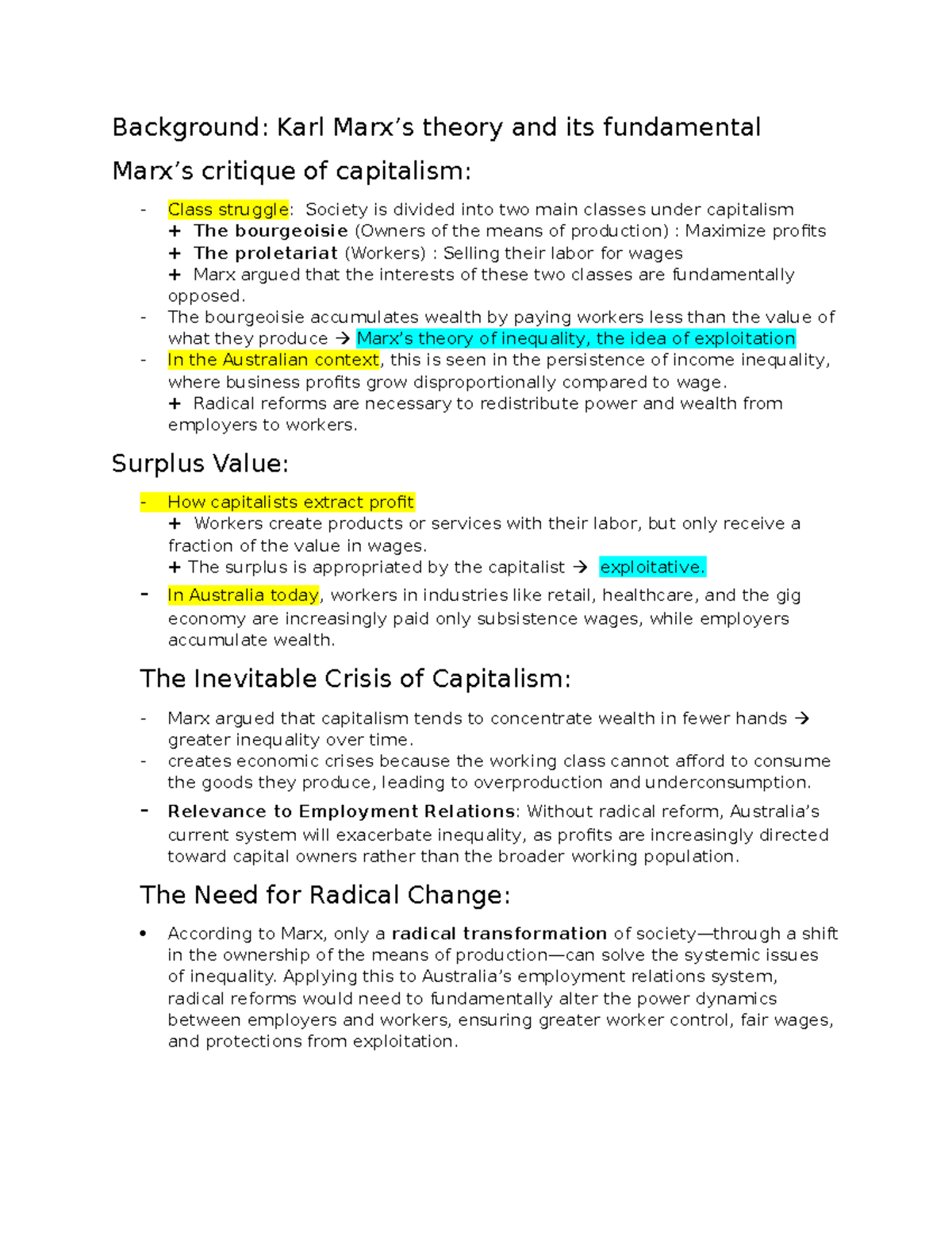 WORK1003 notes about Marx - Background: Karl Marx’s theory and its ...