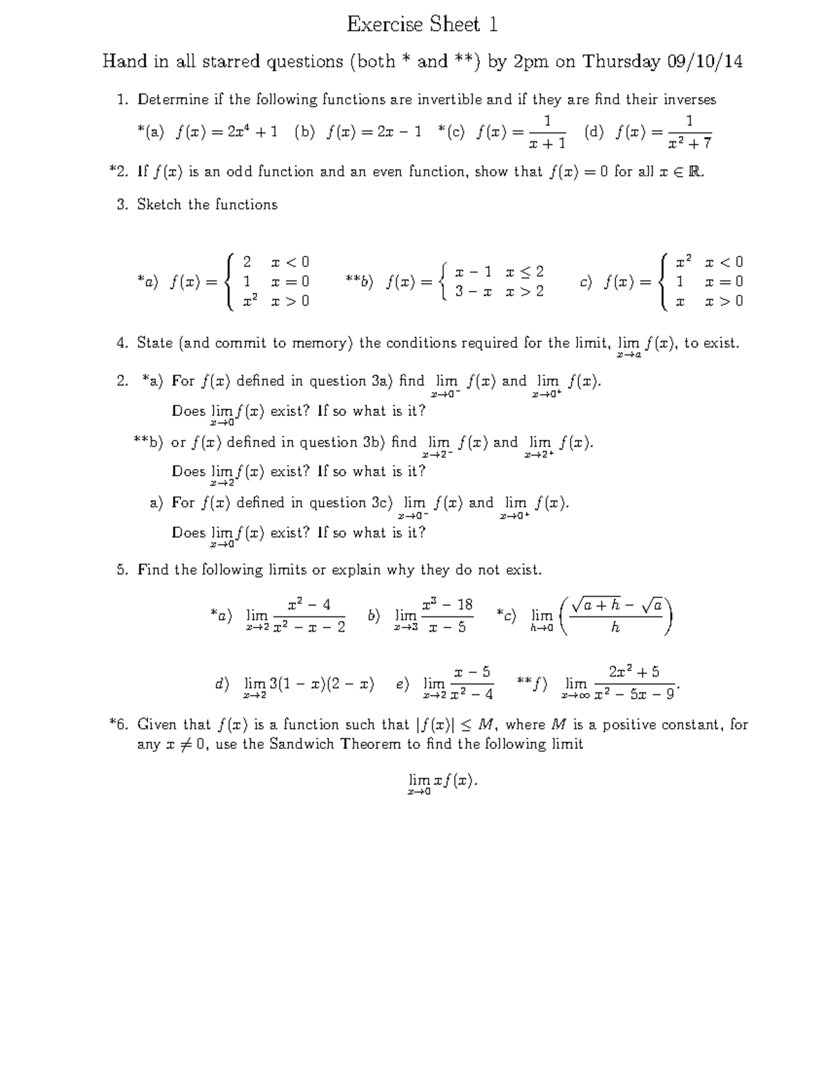 Calculus exercise sheet 1 - Exercise Sheet 1 Hand in all starred ...