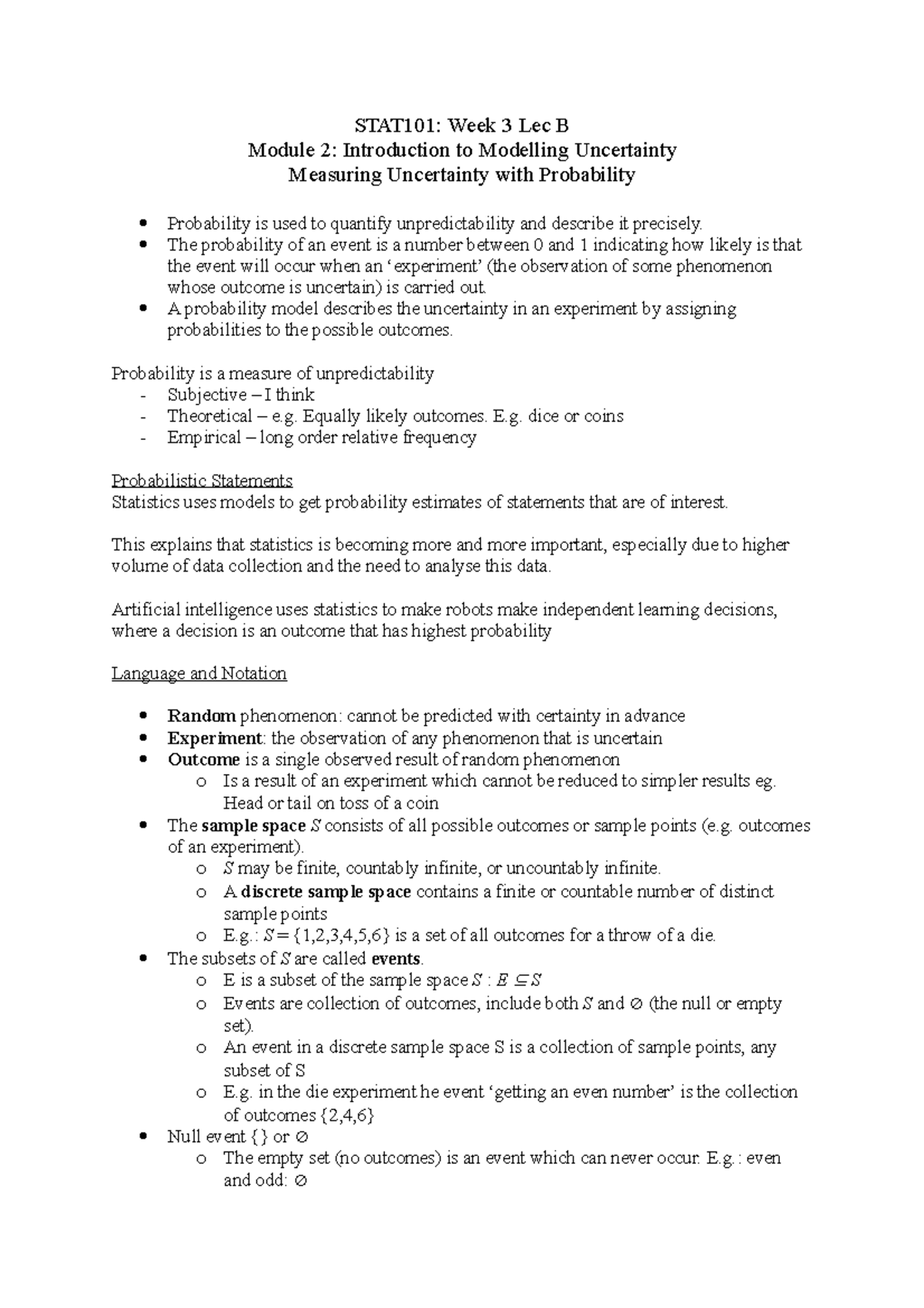 Lecture B - STAT101: Week 3 Lec B Module 2: Introduction to Modelling Uncertainty Measuring ...