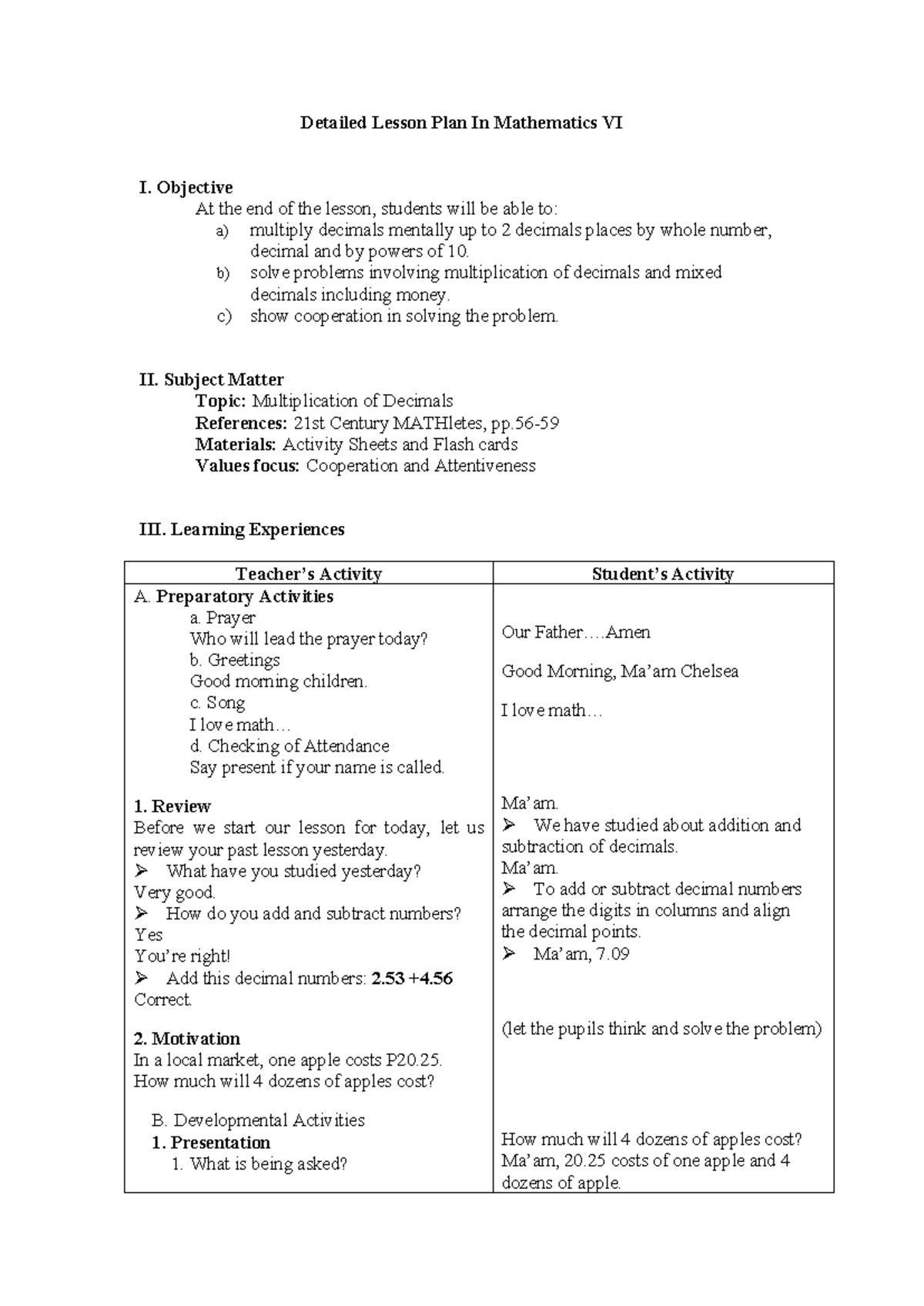 Detailed Lesson PLAN IN MATH ( Multiplication Decimals) - Detailed ...