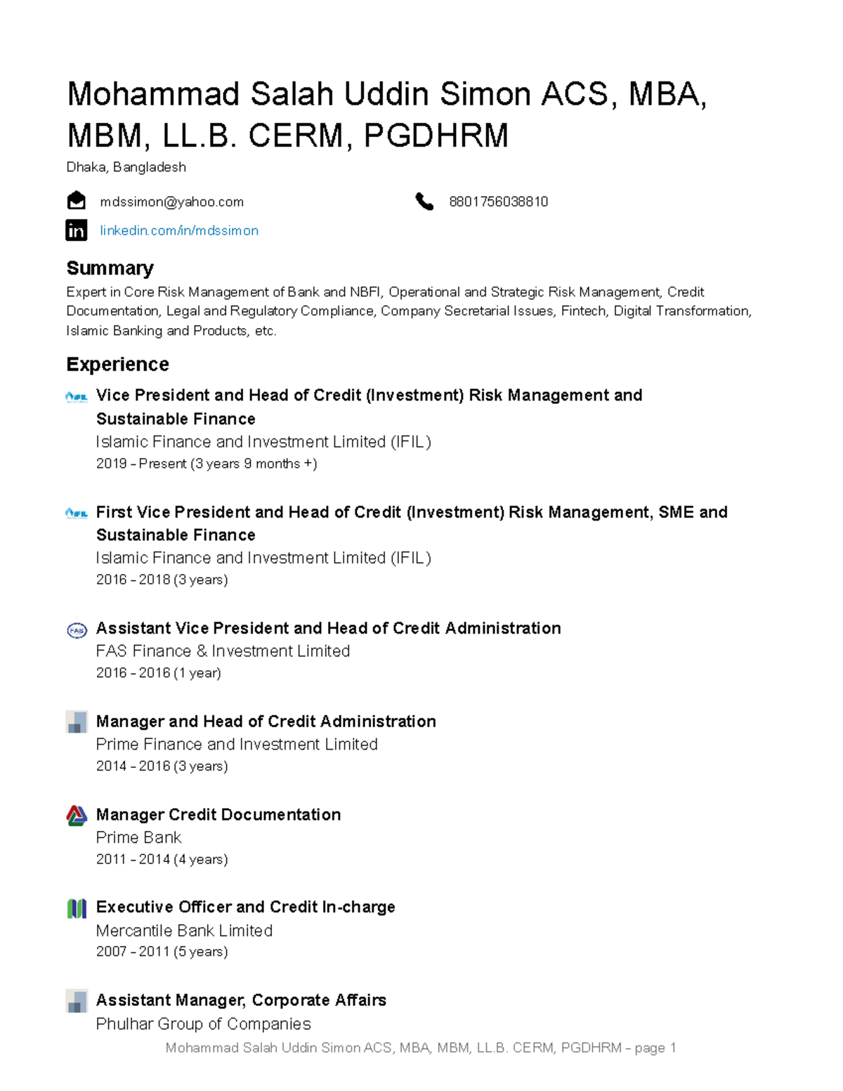 Resume Mohammad Salah Uddin Simon ACS, MBA, MBM, LL - CERM, PGDHRM ...
