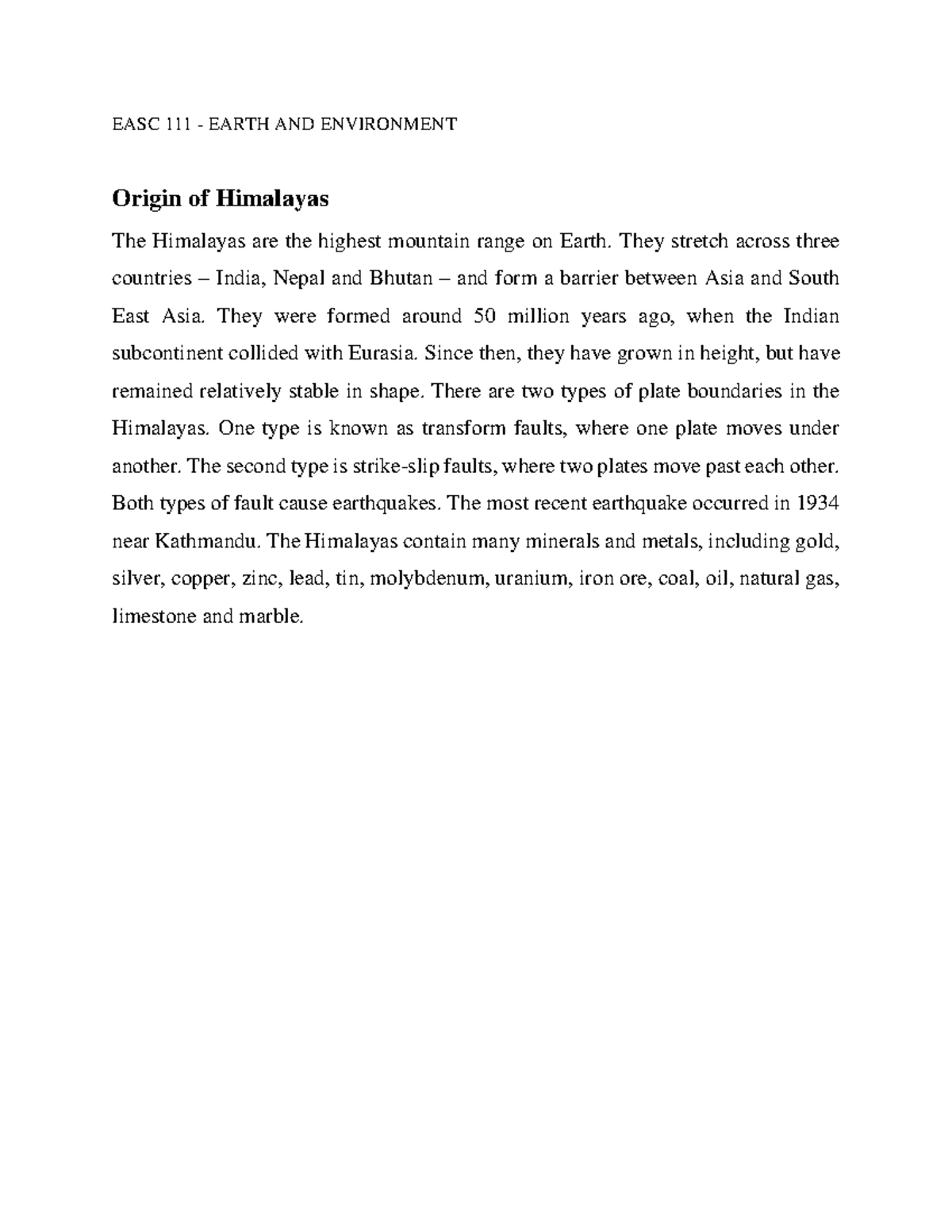 Origin of himalayas - EASC 111 - EARTH AND ENVIRONMENT Origin of ...