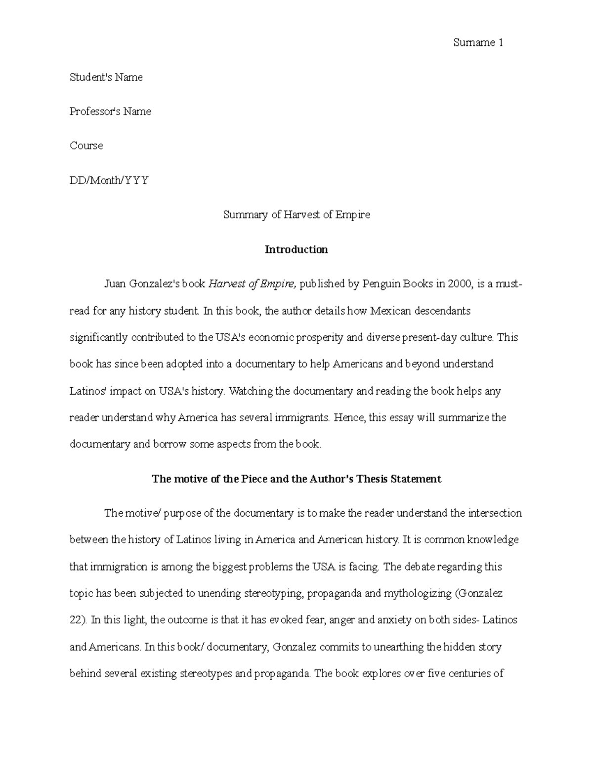 Harvest of Empire 114326 - Student's Name Professor's Name Course DD ...