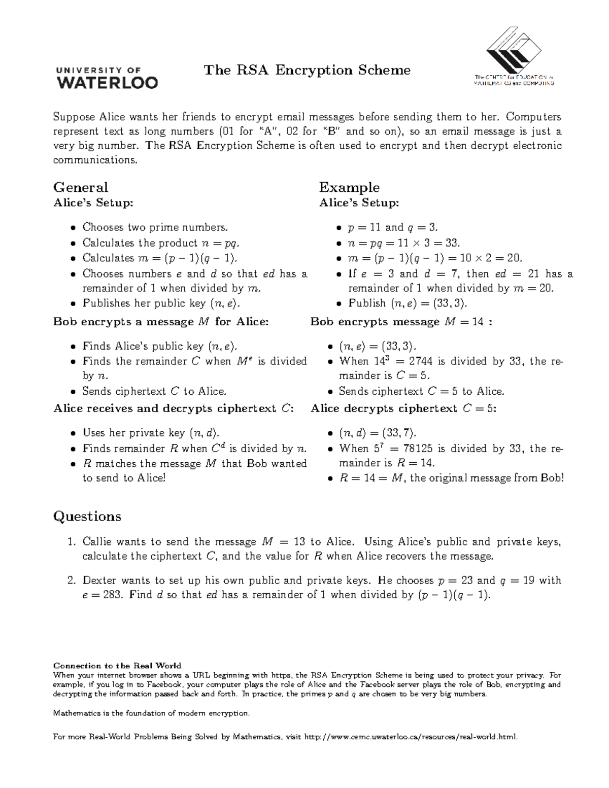 RSA - the document is a worksheet that covers RSA for cypro, examples ...