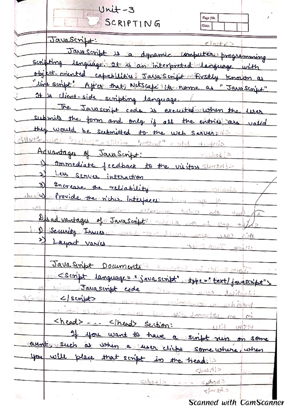 Web tech unit 3 - Unit 3 Page No. SCRIPTING Date. JavaScript: Java ...