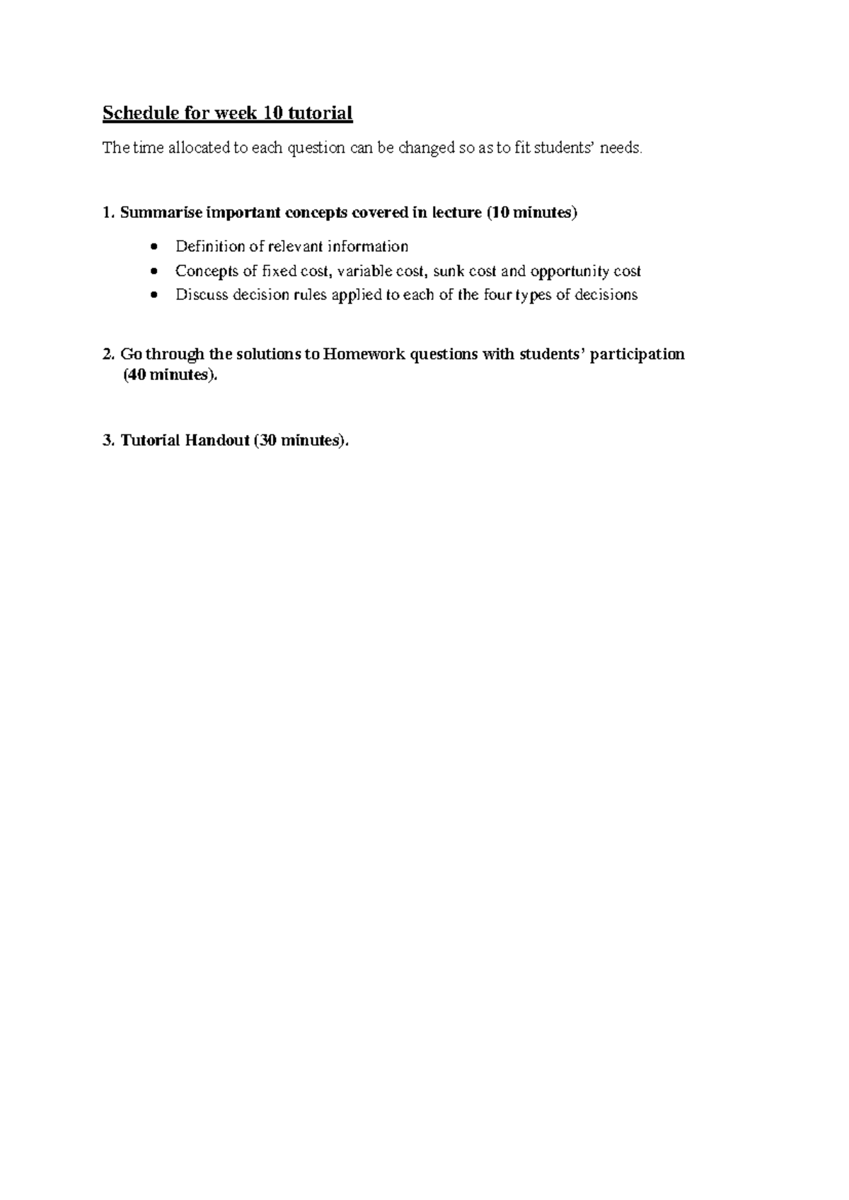 Week 10 Tutorial Schedule and Handout - Schedule for week 10 tutorial The time allocated to each ...
