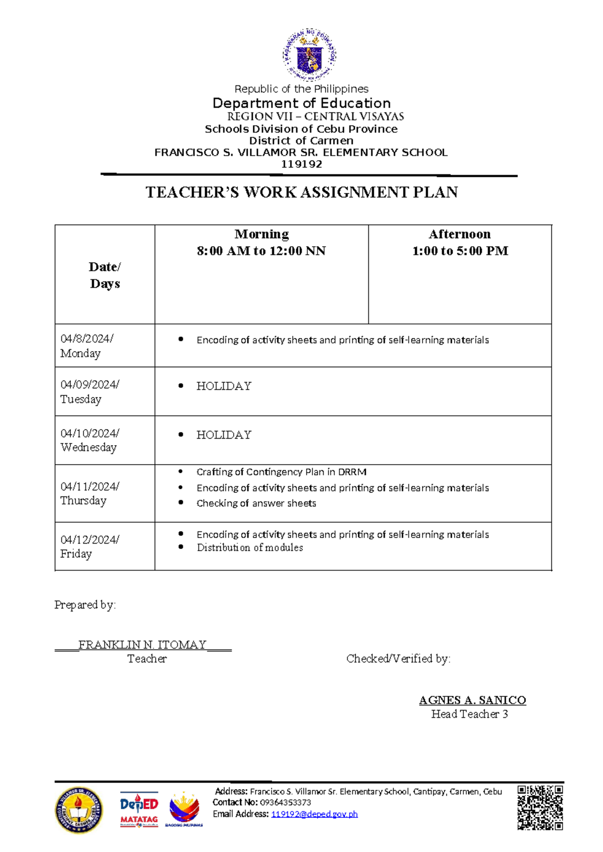 Teacher's work week plan blank - Department of Education Schools ...