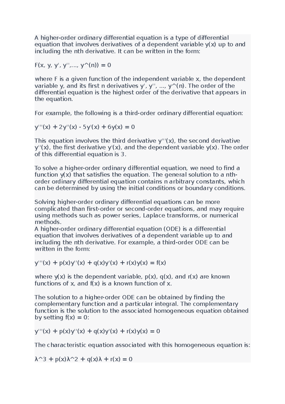 Higher Order Ordinary Differential Equation A Higher Order Ordinary