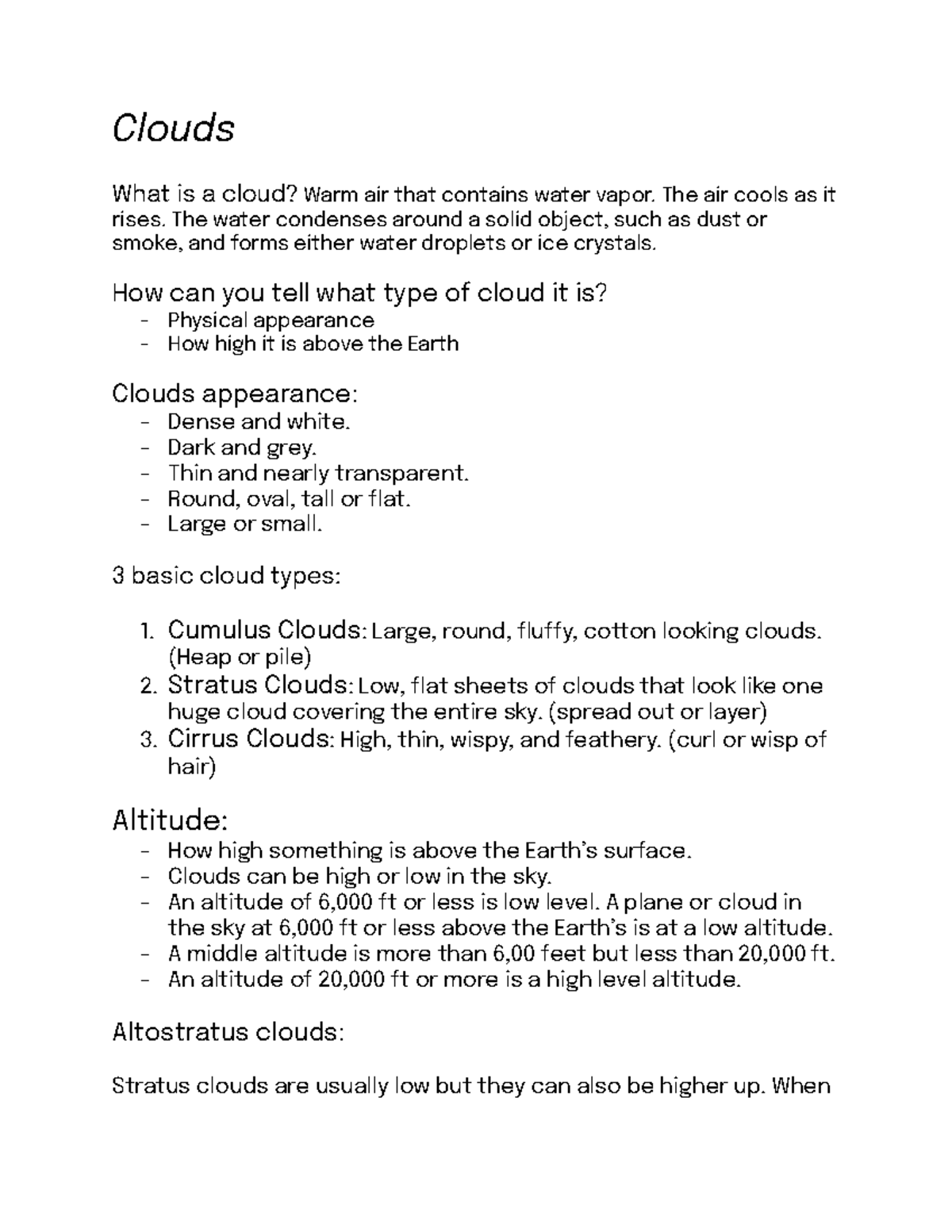 ES notes - This talks about clouds. - Clouds What is a cloud? Warm air ...