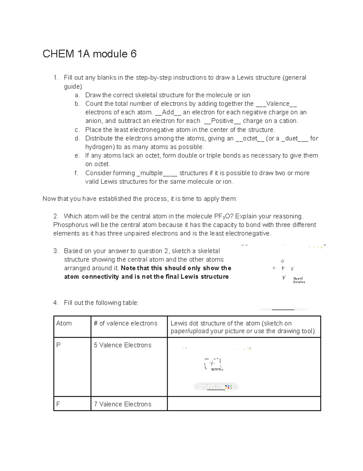Chem 1A Valence electrons - CHEM 1A module 6 Fill out any blanks in the ...