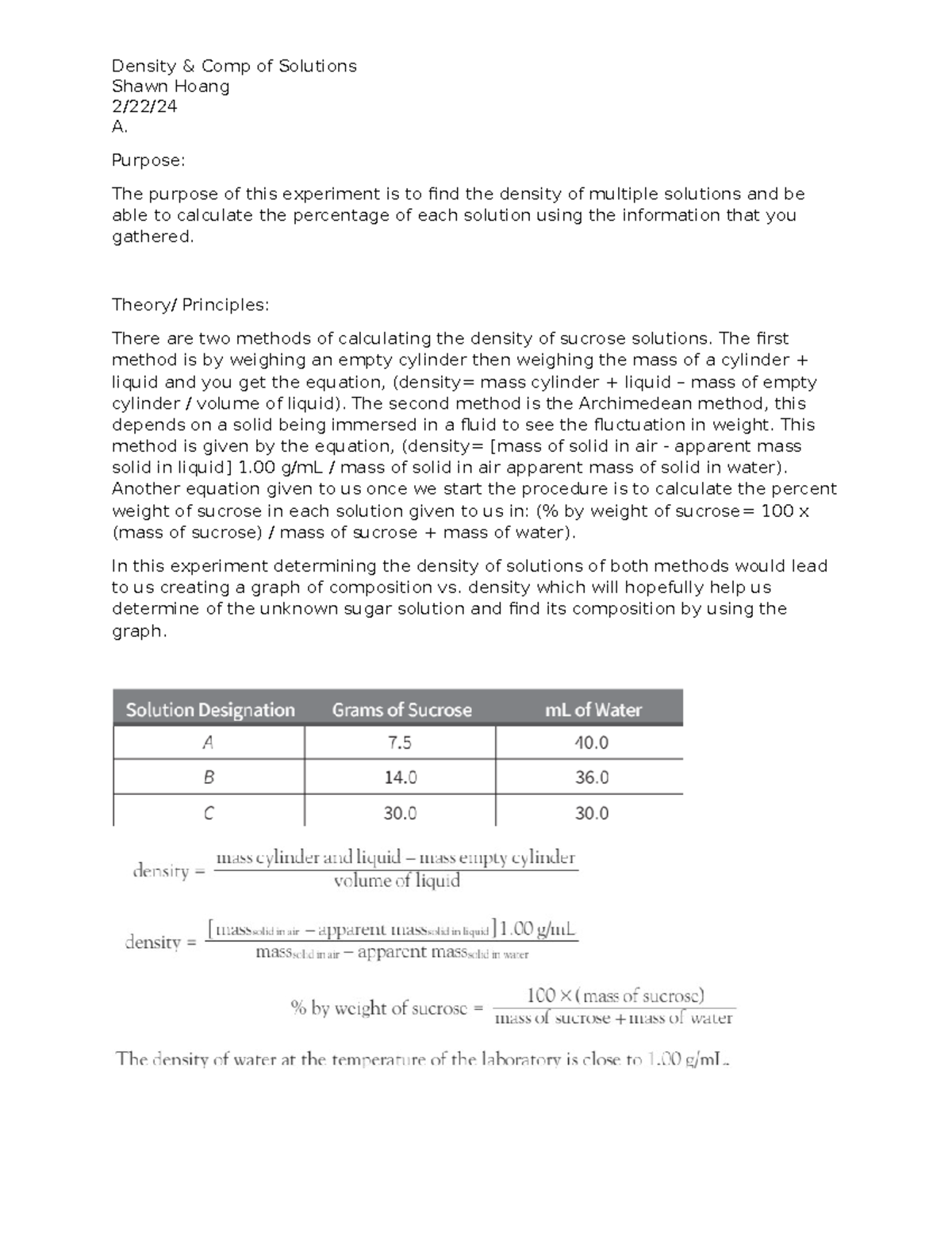 Density & Comp of Solutions Lab Report - Shawn Hoang 2/22/ A. Purpose ...