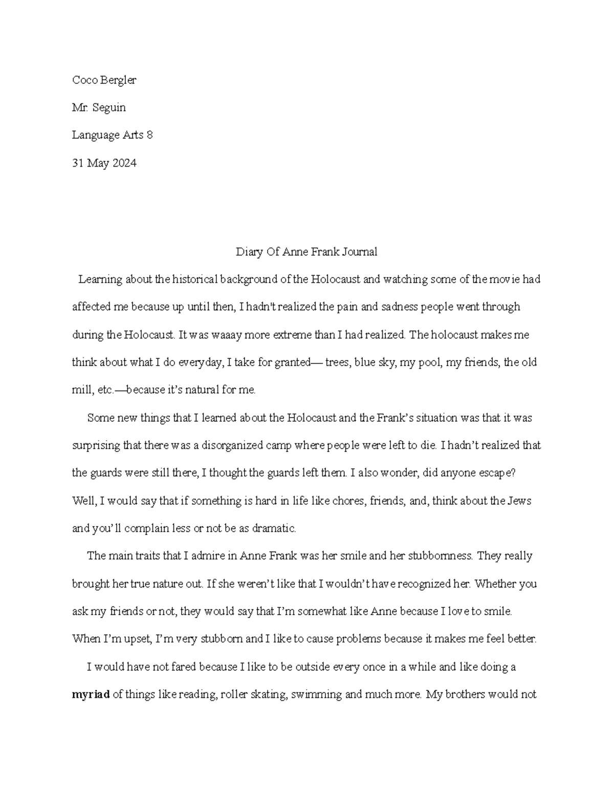 Diary of Anne Frank Reflection - Coco Bergler Mr. Seguin Language Arts ...