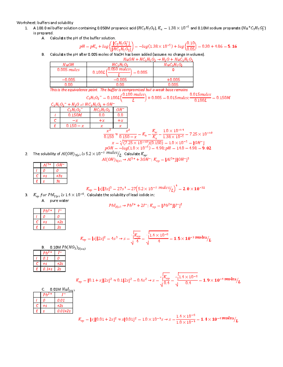 Buffers Ksp v2 worksheet key - Worksheet: buffers and solubility A 100 ...
