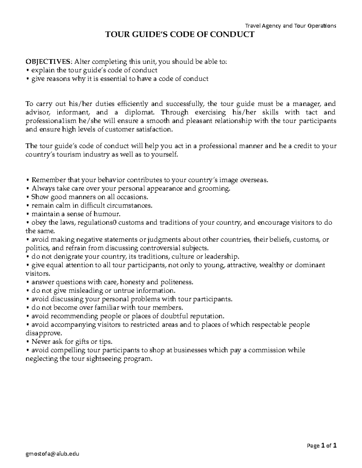 Knowledge UNIT 4-TOUR Guide’S CODE OF Conduct - Travel Agency and Tour ...