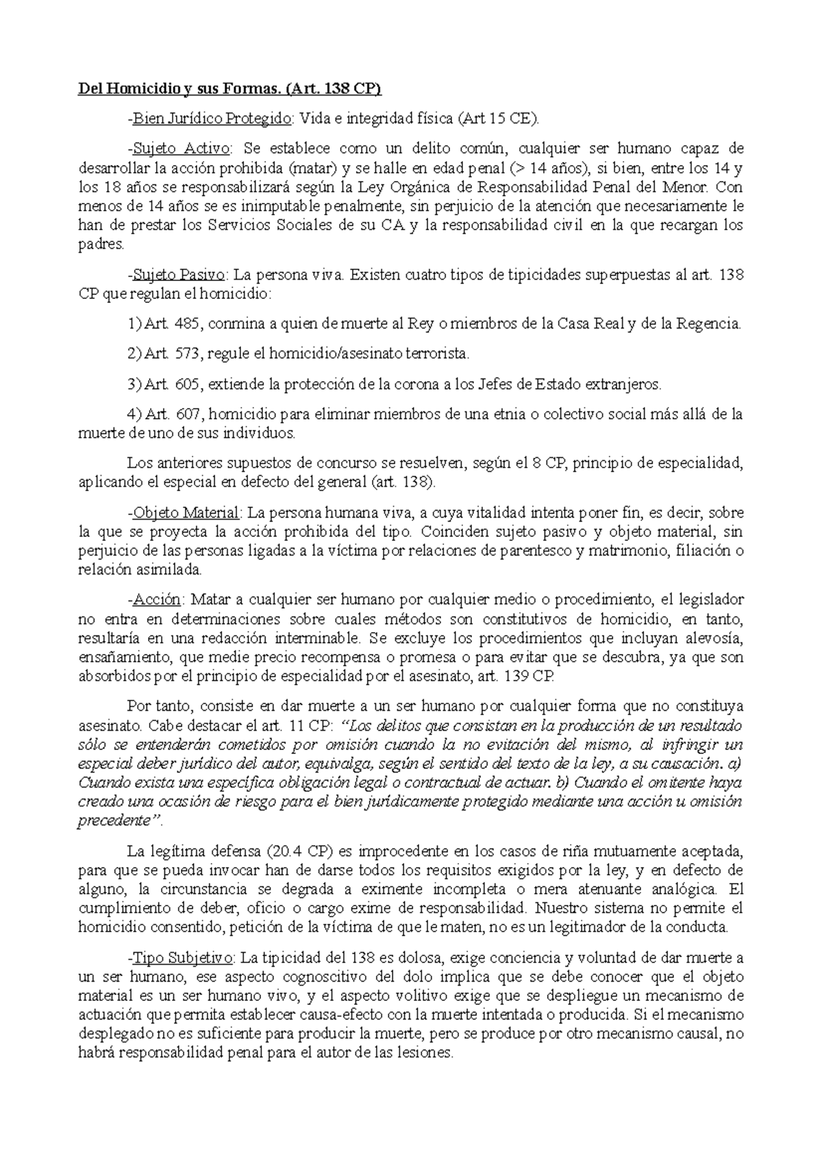 Tema 1. Homicidio - Del Homicidio y sus Formas. (Art. 138 CP) -Bien Jurídico Protegido: Vida e ...