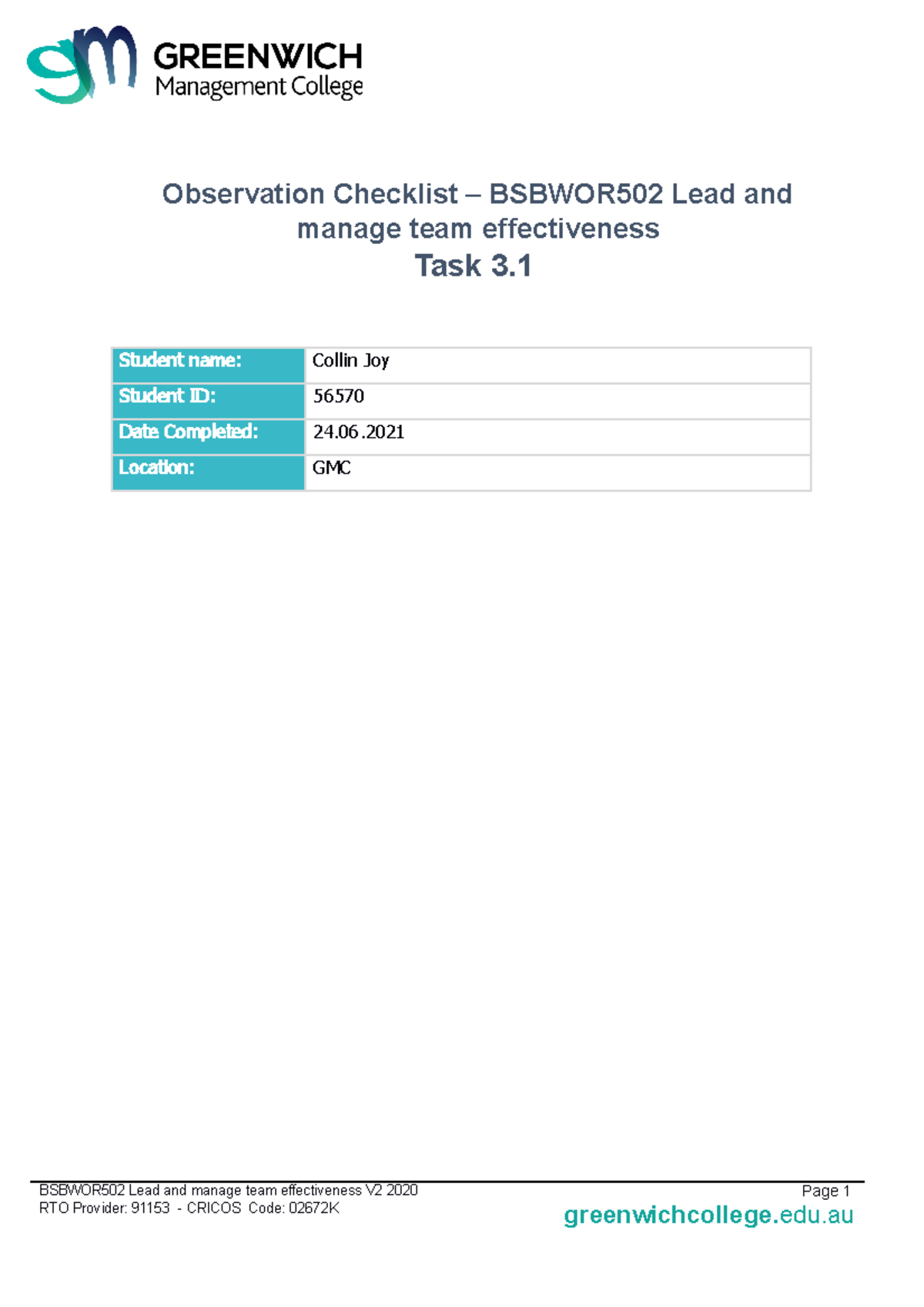 Observation Checklist Task 3.1 - Bsbwor 502 12 - Student name: Collin ...