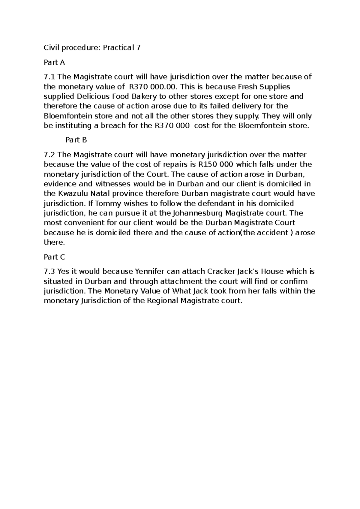 civil procedure Semester 1 Practal 7 answers - Civil procedure ...