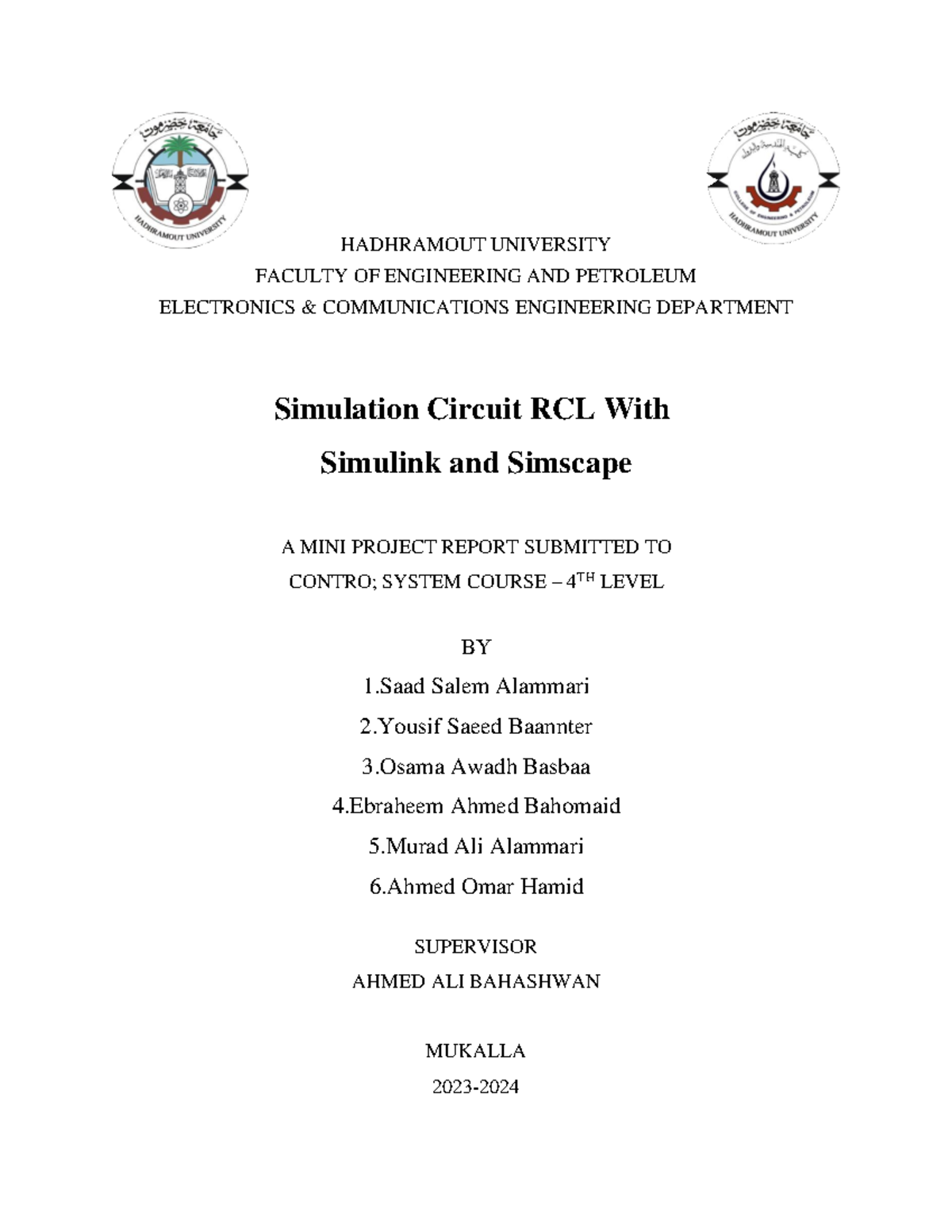 Control system project - RLC circuit - HADHRAMOUT UNIVERSITY FACULTY OF ...