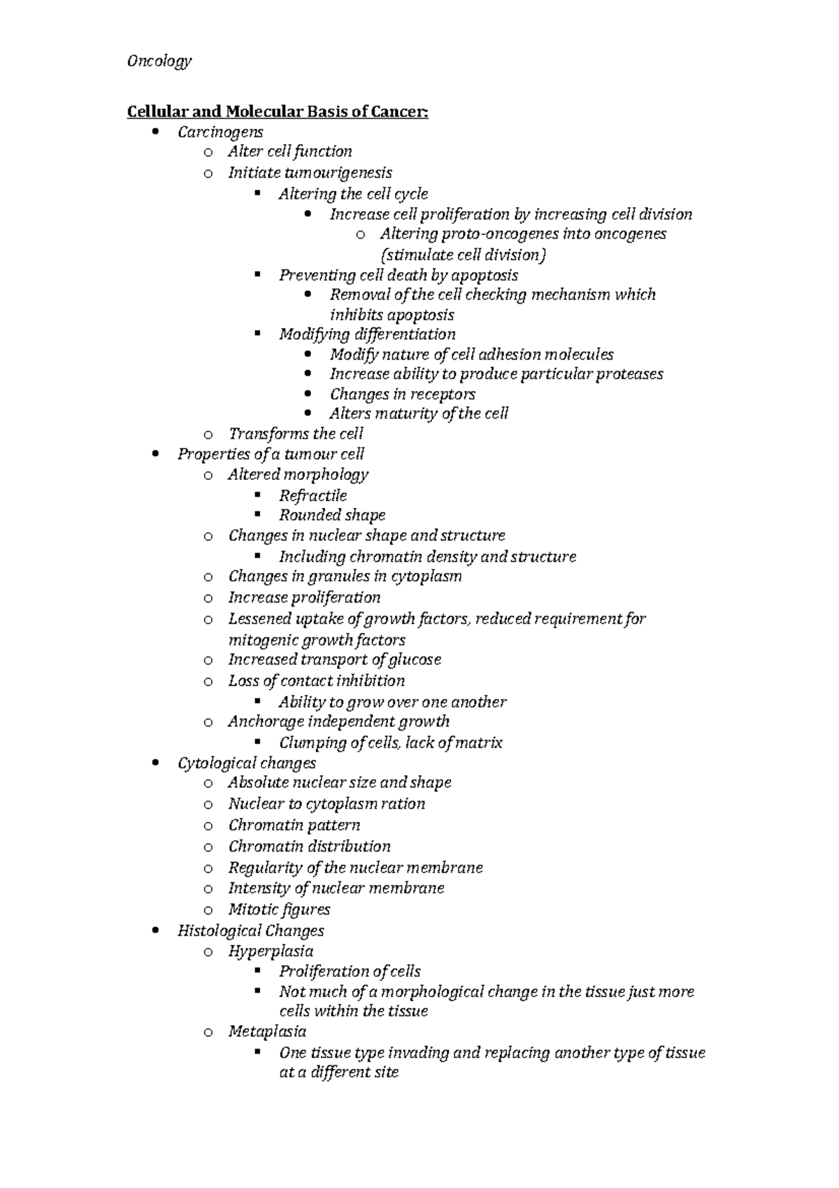 Cellular and Molecular Basis of Cancer Lecture Notes 1 - Cellular and ...