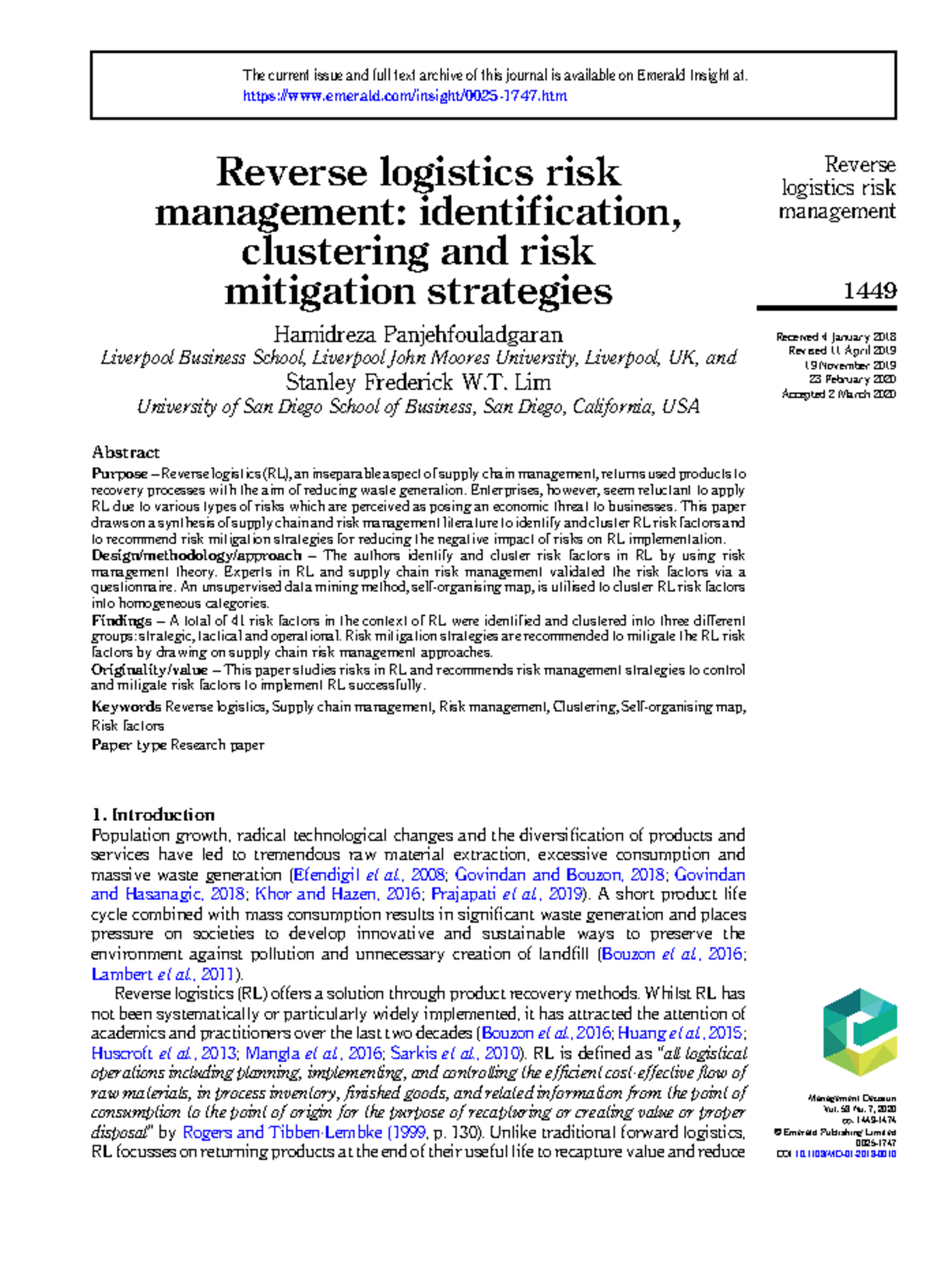 Reverse logistics risk management identification, clustering and risk ...