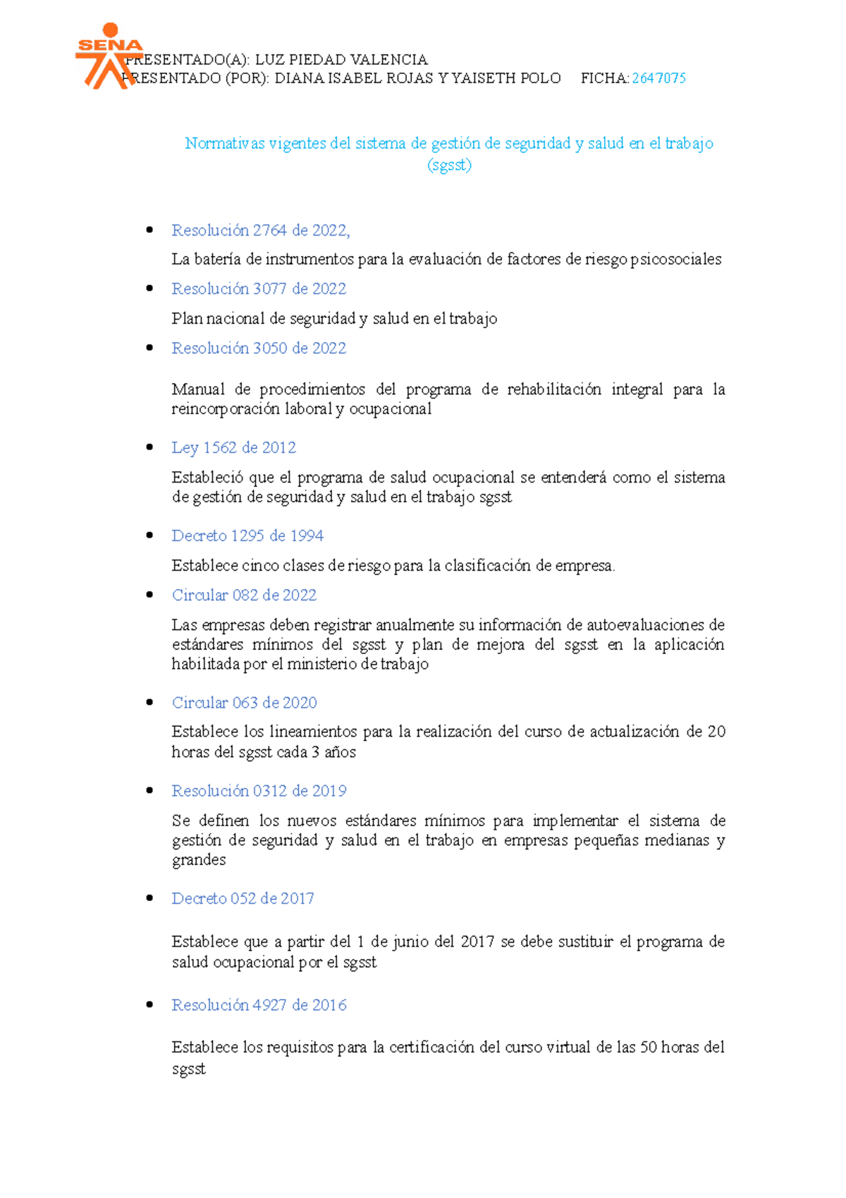 Normativas Vigentes DEL Sistema DE Gestion DE Seguridad Y Salud EN EL ...