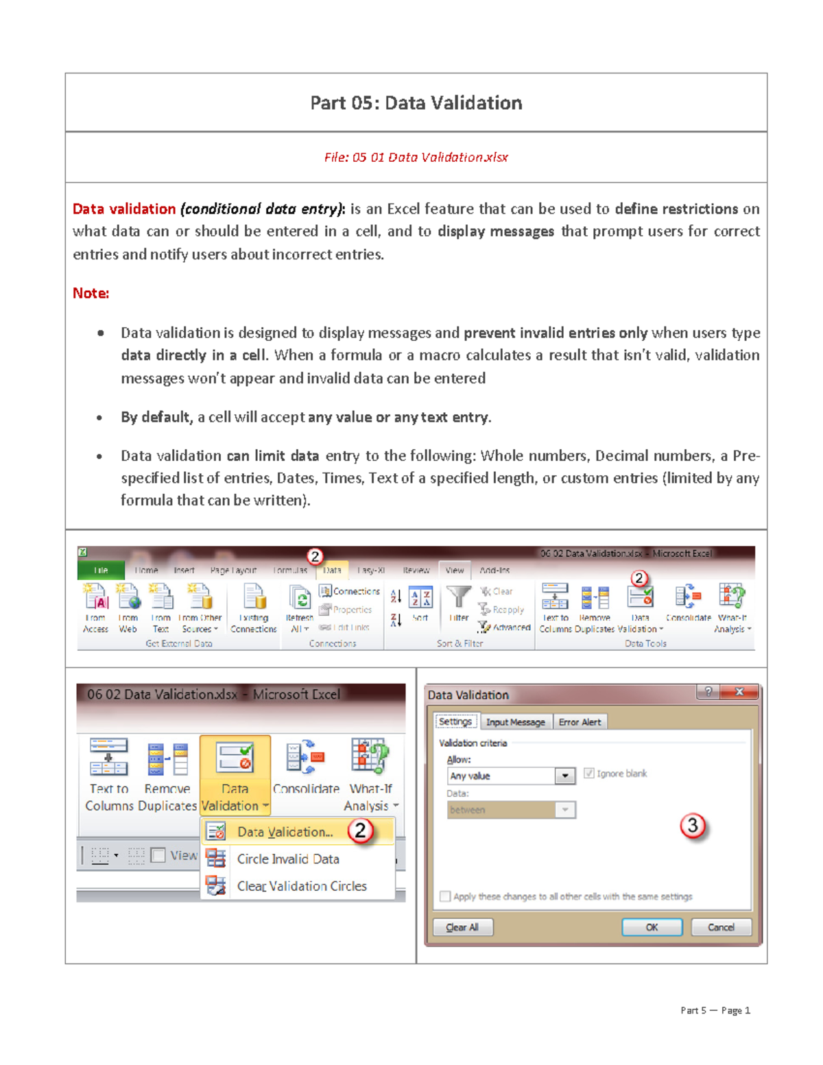 Part 05 Data Validation - Part 05: Data Validation File: 05 01 Data Validation Data validation ...