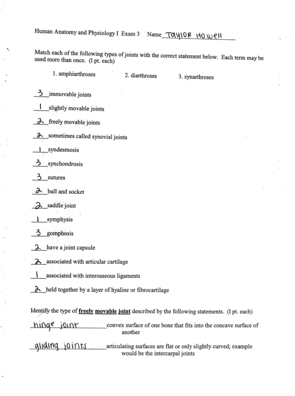 Exam 3 - unit 3 exam - \ Human Anatomy and Physiology I Exam 3 Name T
