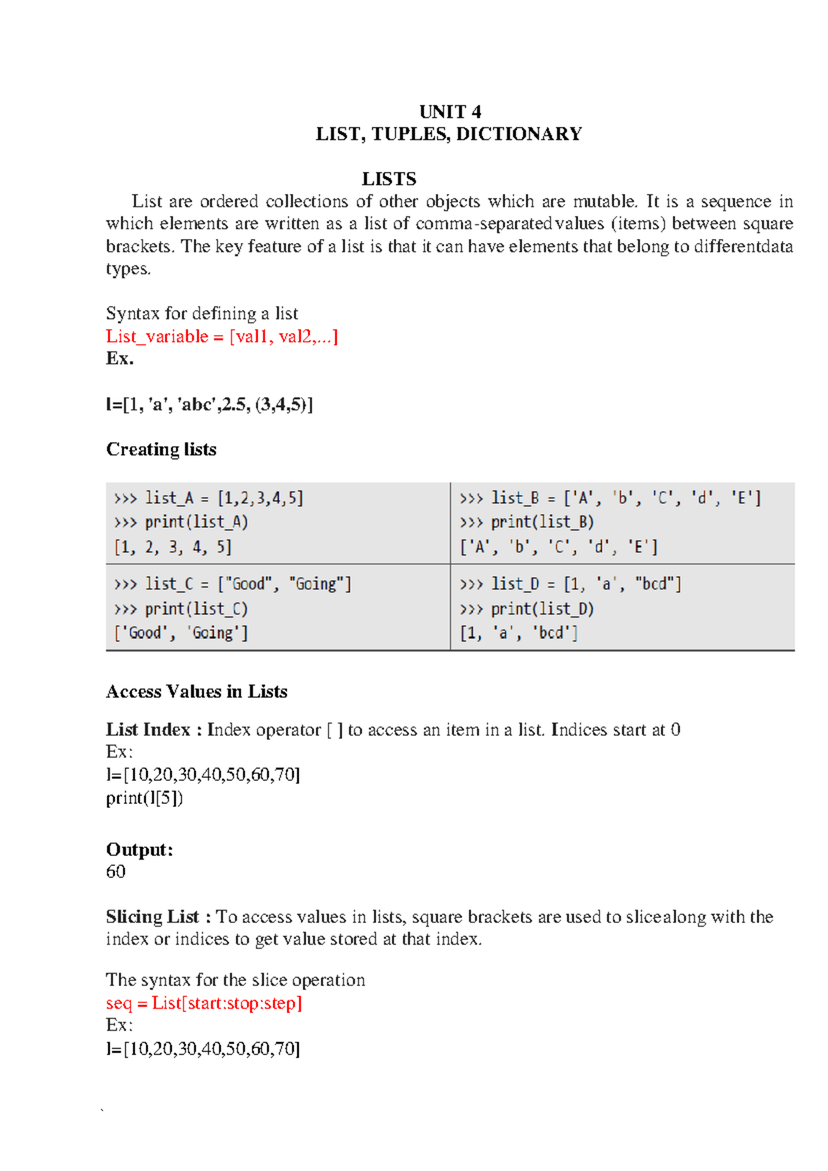 23CS101T PSPP - UNIT 4 - unit 4 - ` UNIT 4 LIST, TUPLES, DICTIONARY ...