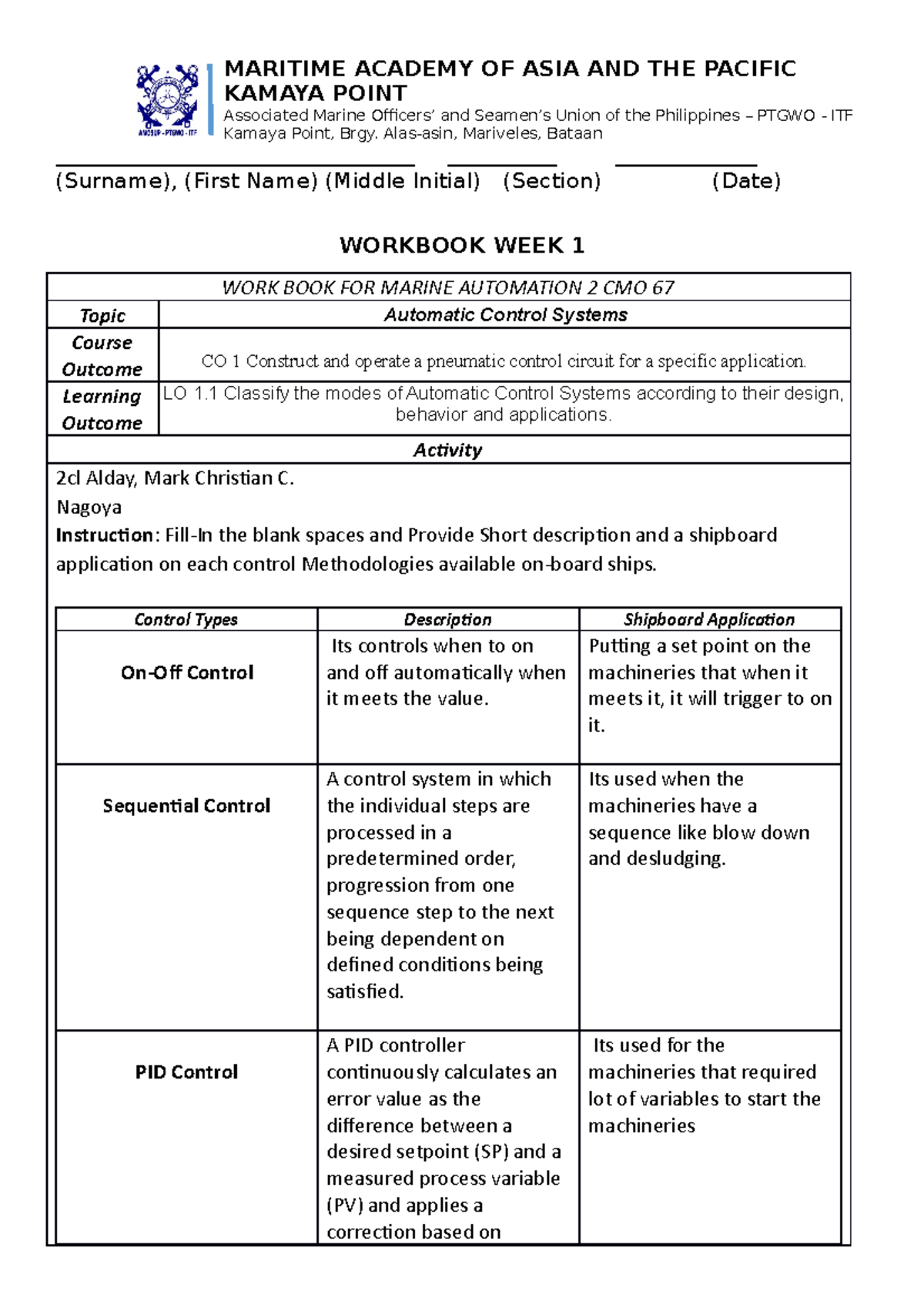 AUTO 2 CMO 67 Workbook Activity 1 - KAMAYA POINT Associated Marine Officers’ and Seamen’s Union ...