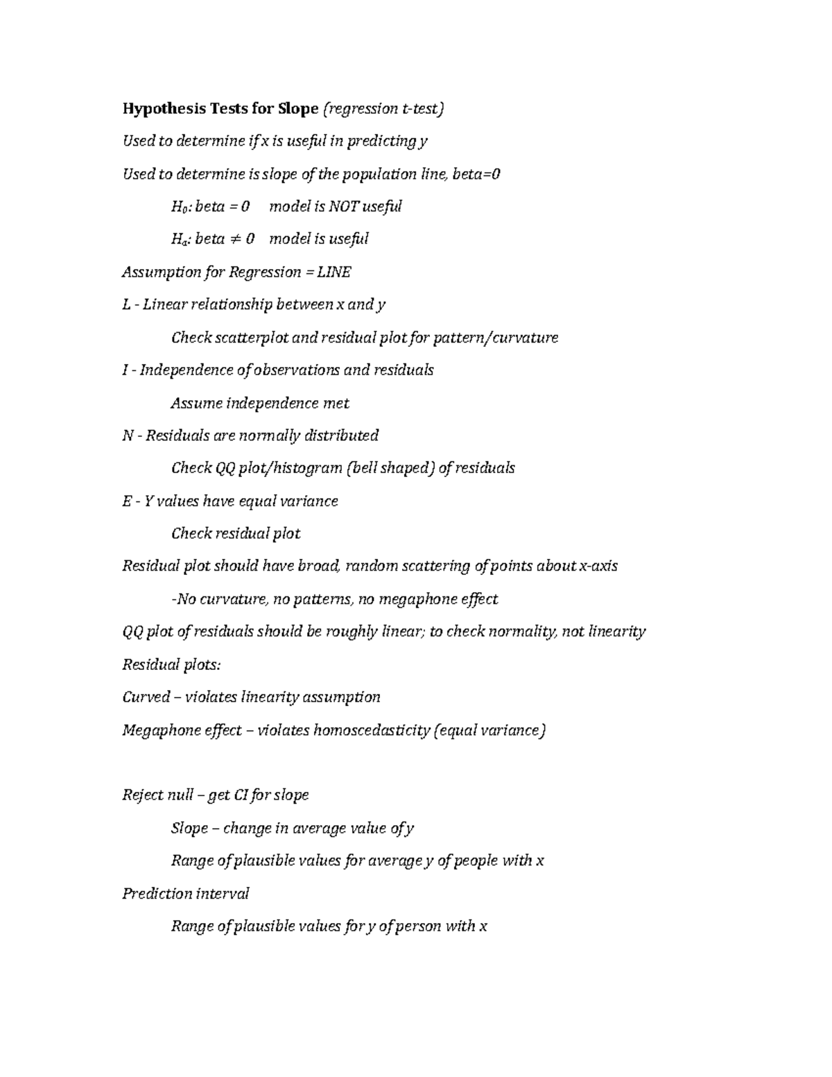Lecture 11 notes - Covers hypothesis tests for slope, SLR analysis, and ...