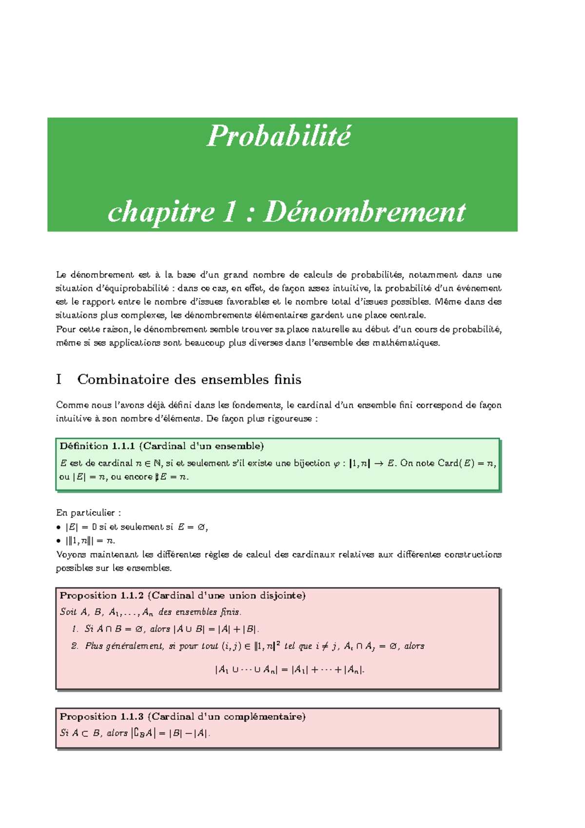 Chapitre 1 Dénombrement - 1 Dénombrement Le dénombrement est à la base ...