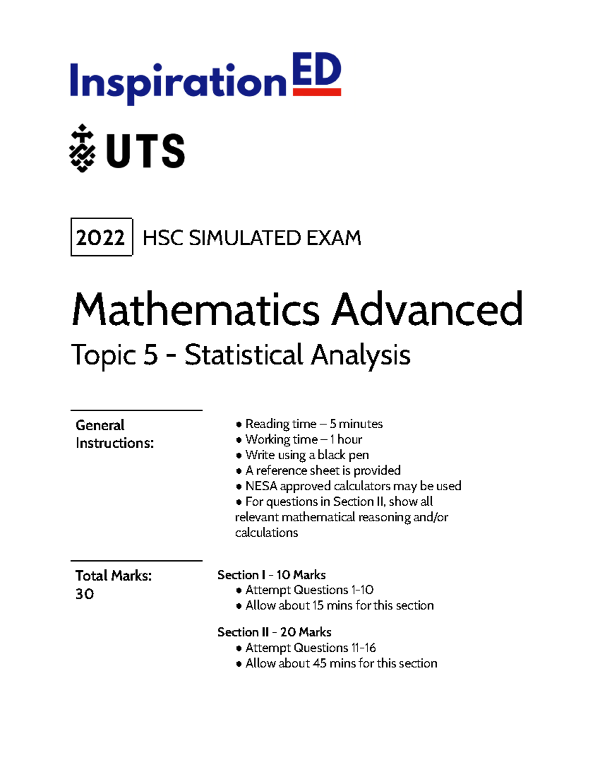 Mathadv 5 Stat Exam Stat Exam 2022 Hsc Simulated Exam Mathematics Advanced Topic 5