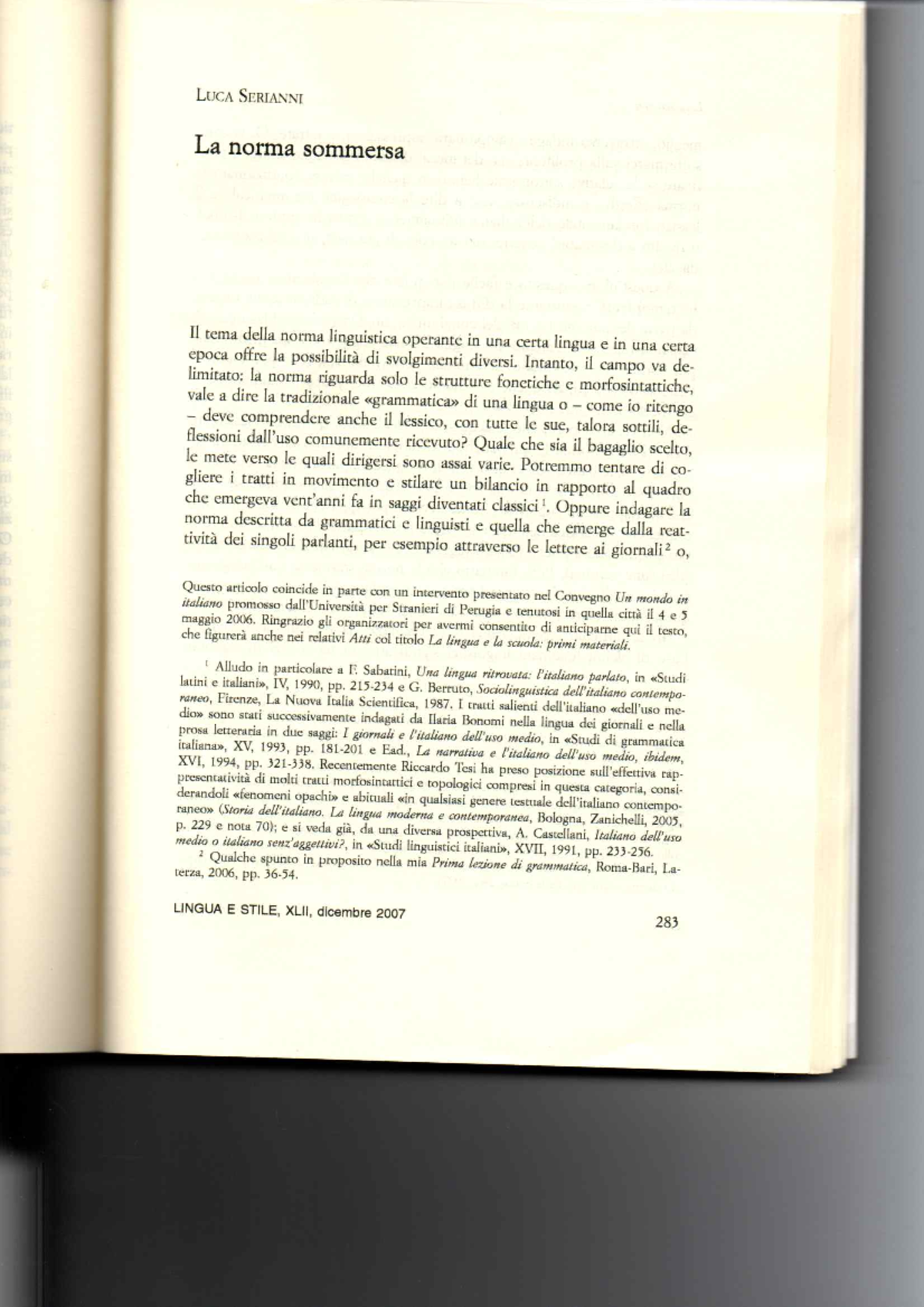 Serianni, La norma sommersa - Linguistica italiana - Studocu