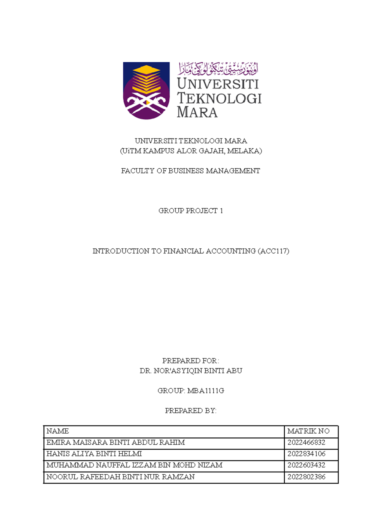 Group Assignment ACC117 - UNIVERSITI TEKNOLOGI MARA (UiTM KAMPUS ALOR ...
