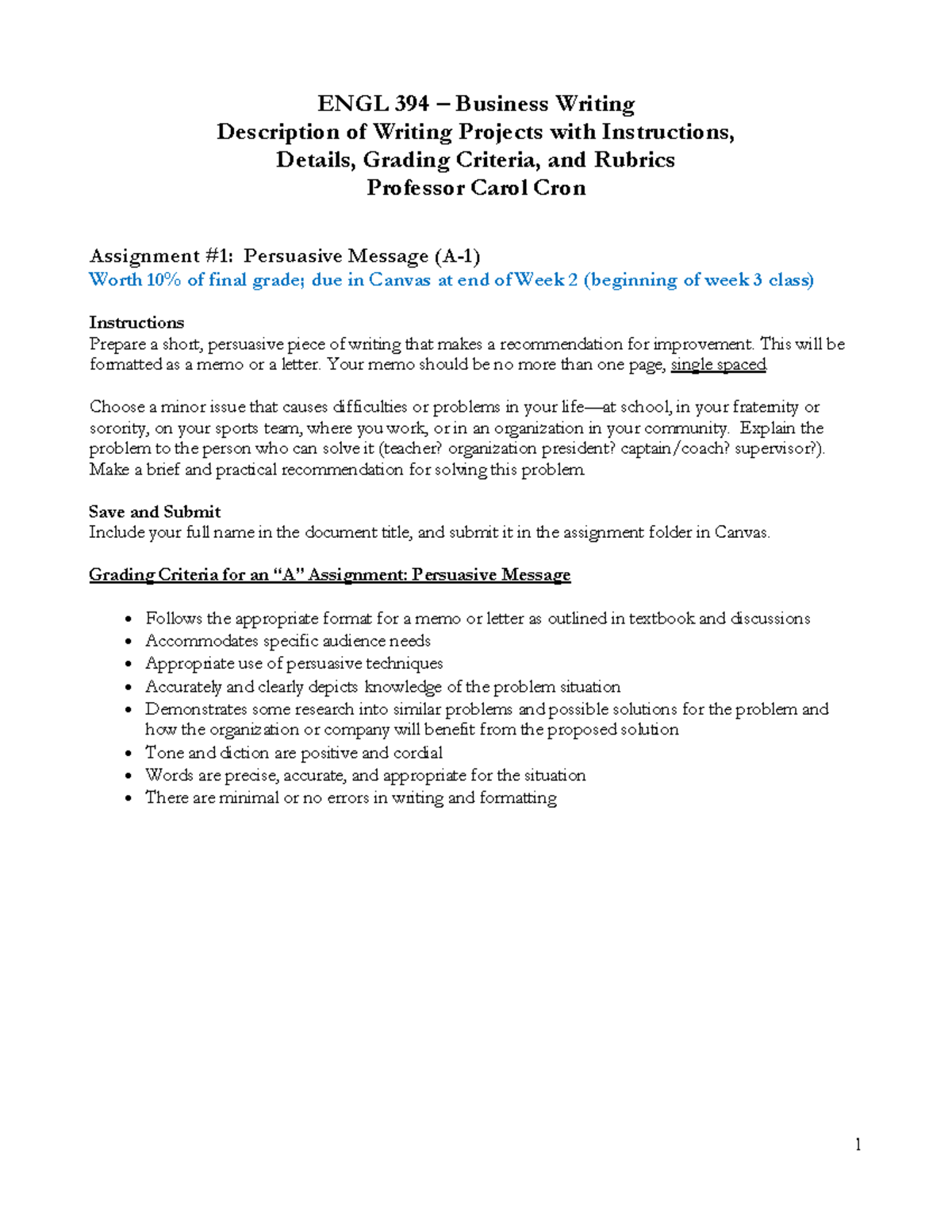 ENGL 394 writing assignments and rubrics - 1 ENGL 394 – Business ...