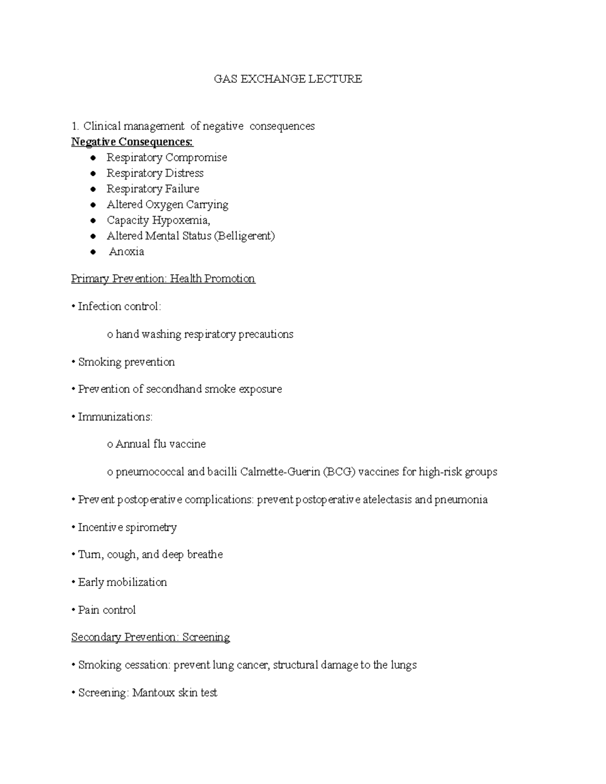 Gas Exchange Notes - GAS EXCHANGE LECTURE Clinical management of ...