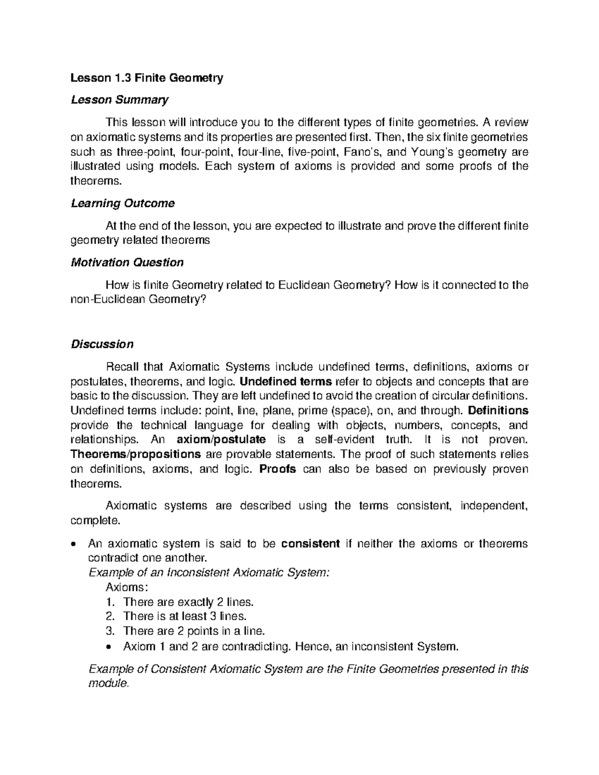 Lesson-Finite Geometry - Lesson 1 Finite Geometry Lesson Summary This ...