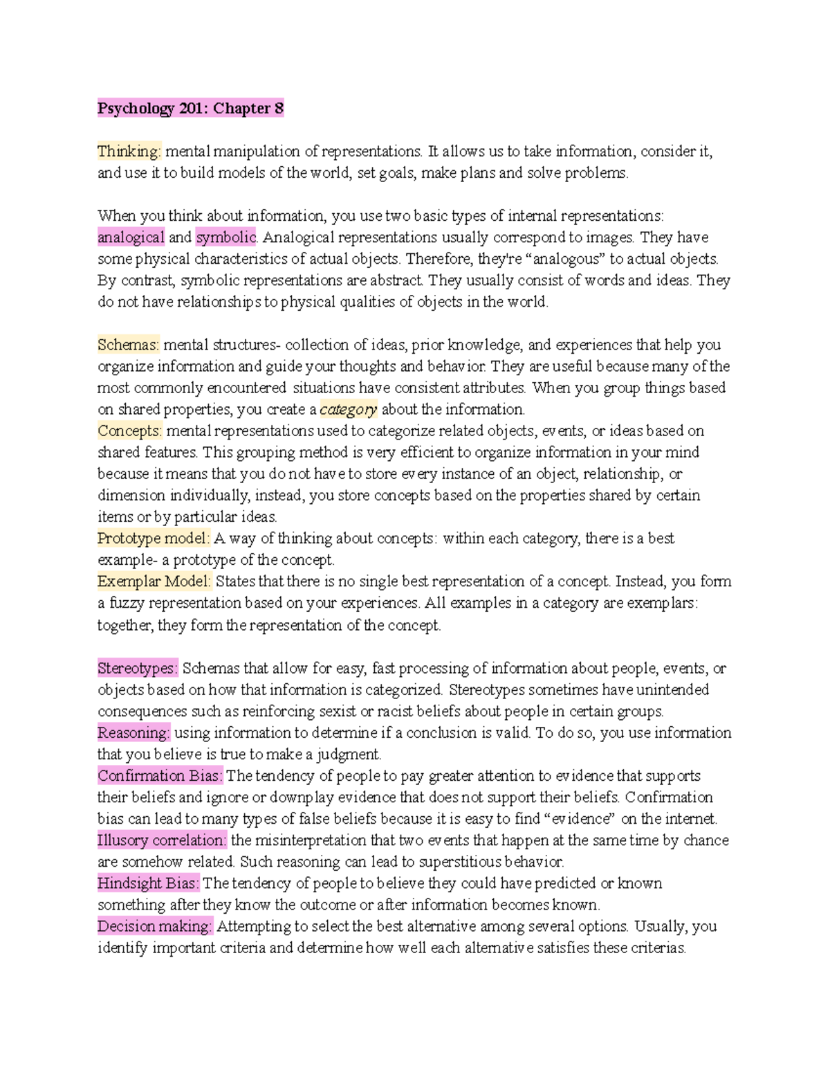 Psych 201 ch 8 - Chapter Summary! - Psychology 201: Chapter 8 Thinking ...