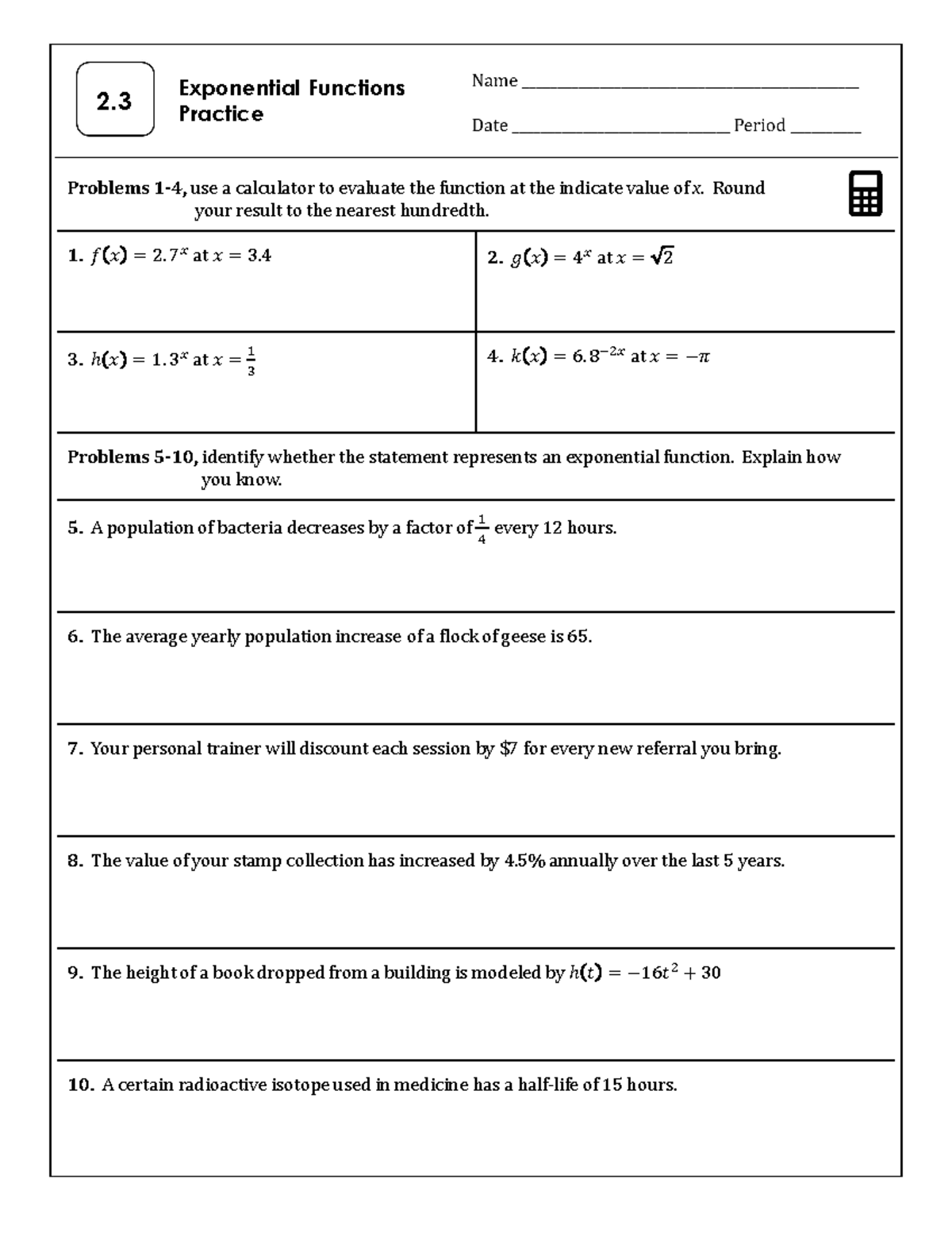 2 - answers - 2. Exponential Functions Practice Problems 1-4, use a ...