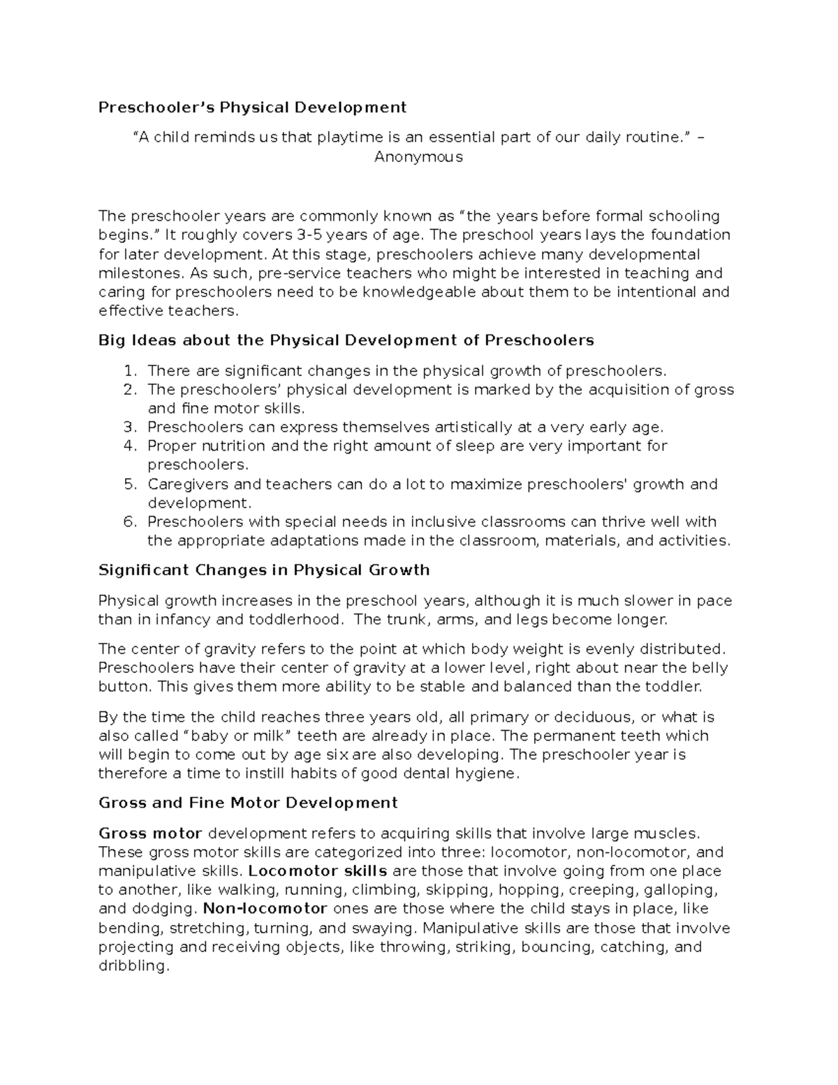 Early Childhood (Preschoolers) - Preschooler’s Physical Development “A ...