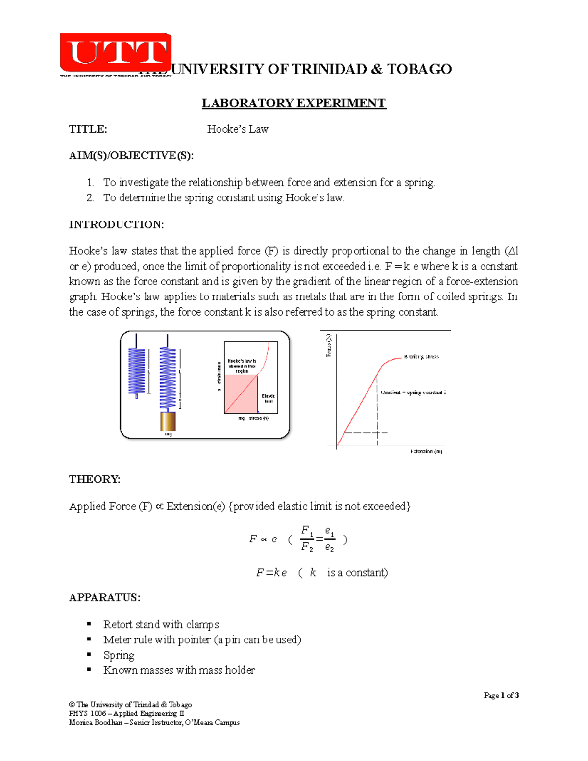 CAE - PHYS 1006 - Hooke's Law - THE UNIVERSITY OF TRINIDAD & TOBAGO ...